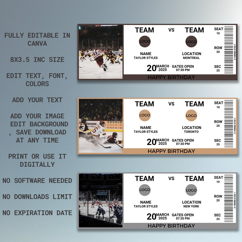 Custom Hockey Ticket | Hockey Ticket Template Printable | Editable ...