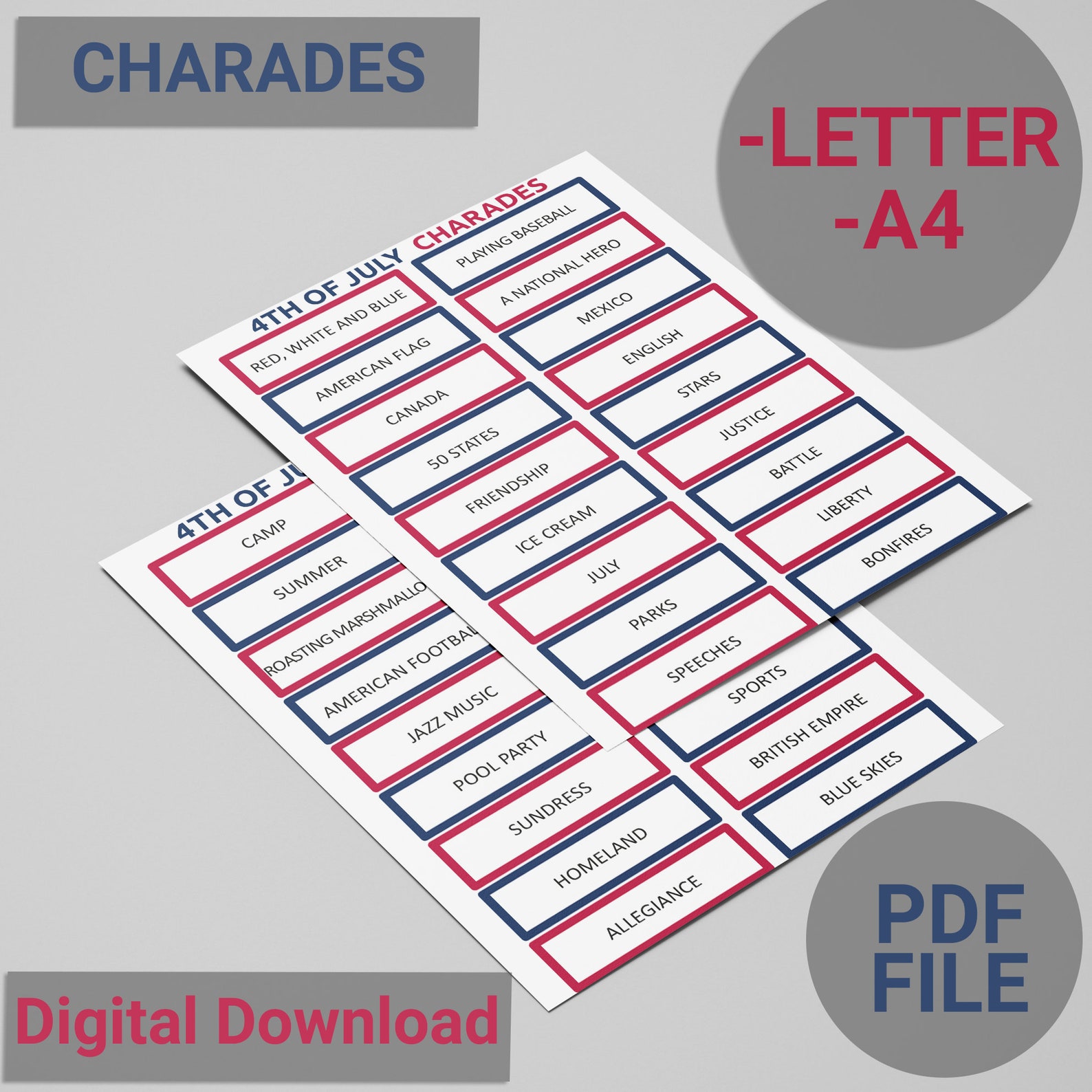 4th of July Charades Game | 4th of July Printable Games | Independence ...