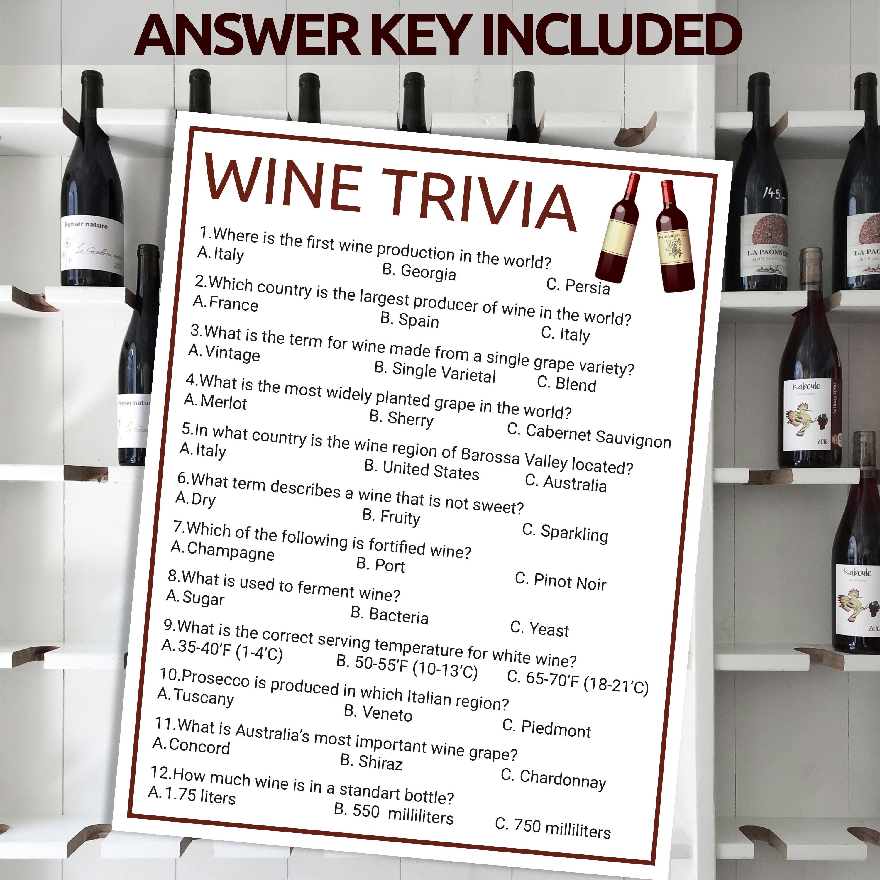 Wine Trivia Game | Printable Wine Trivia Quiz | Wine Party Trivia Game ...