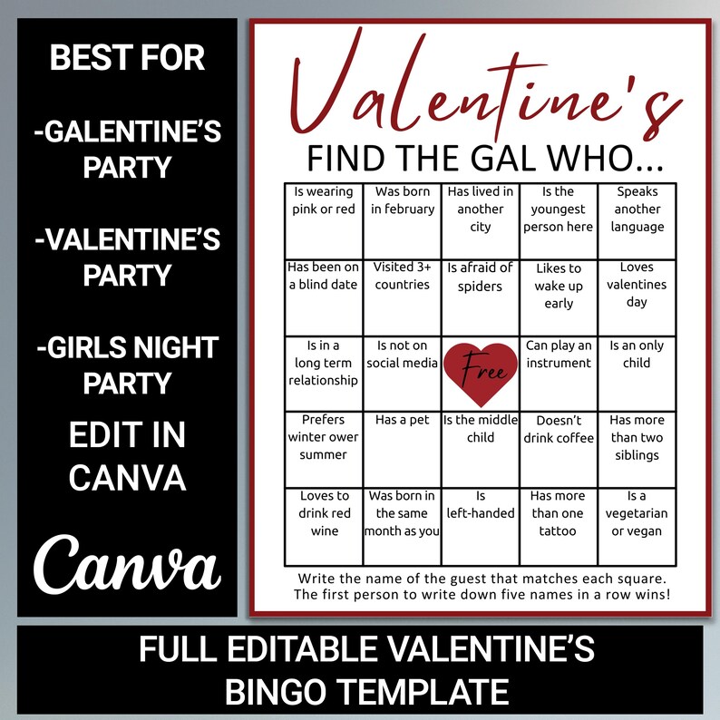 Valentines Day Find the Guest Bingo Game | Valentine's Get to Know You ...
