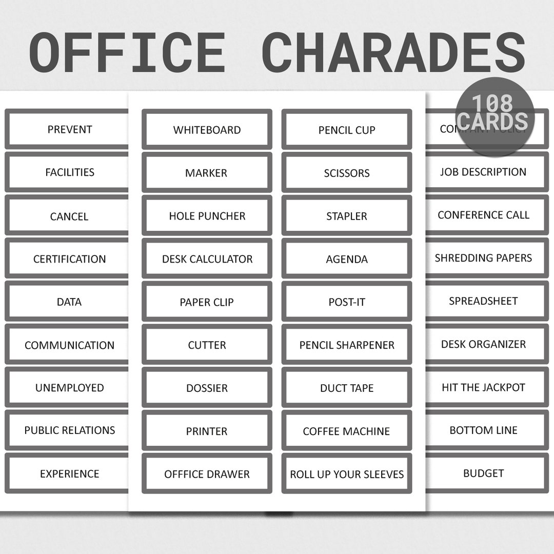 Printable Charades Game | Office Action Charades Cards | Work Group ...