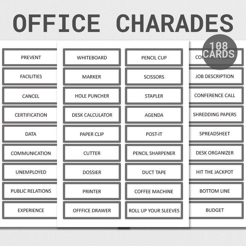 Printable Charades Game | Office Action Charades Cards | Work Group ...