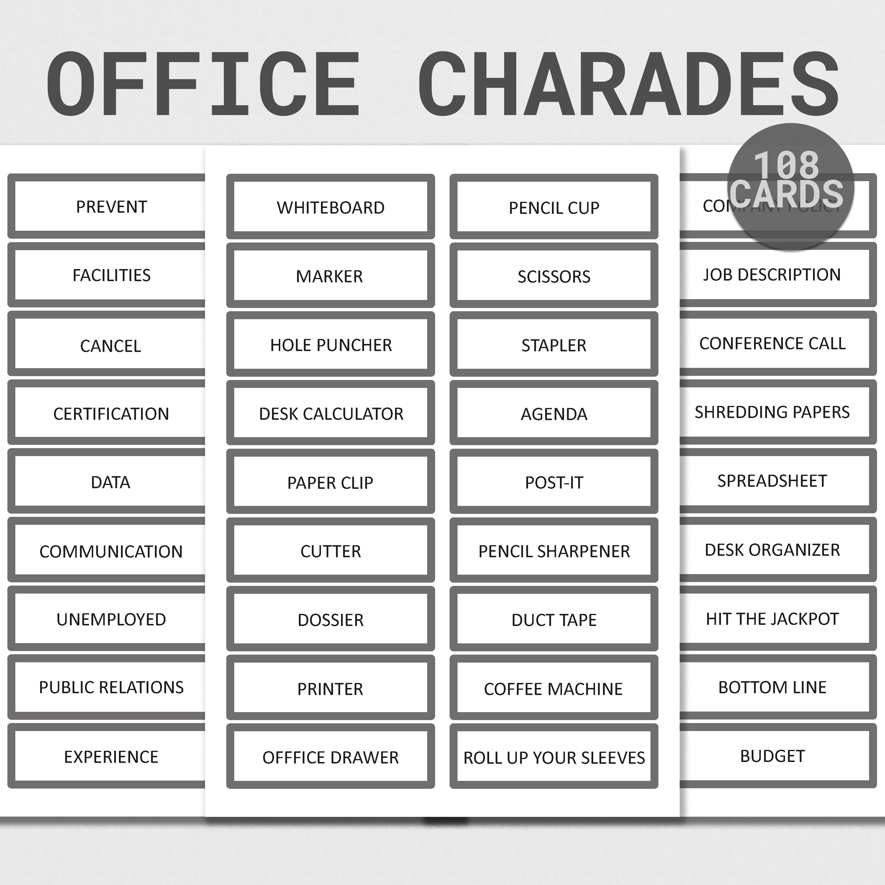 Printable Charades Game | Office Action Charades Cards | Work Group ...