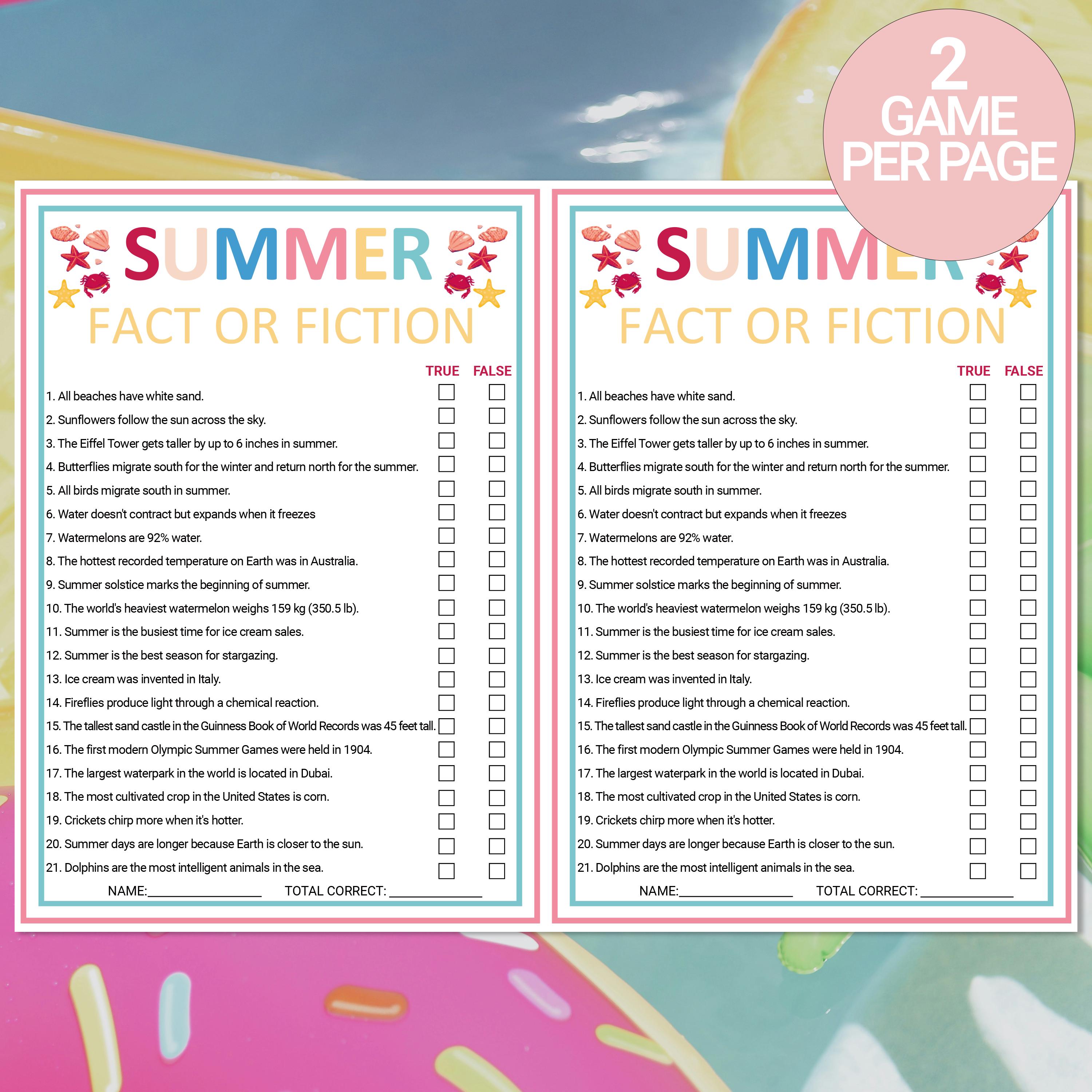 Summer Fact or Fiction Game | Summer Trivia Game | Summer True or False ...