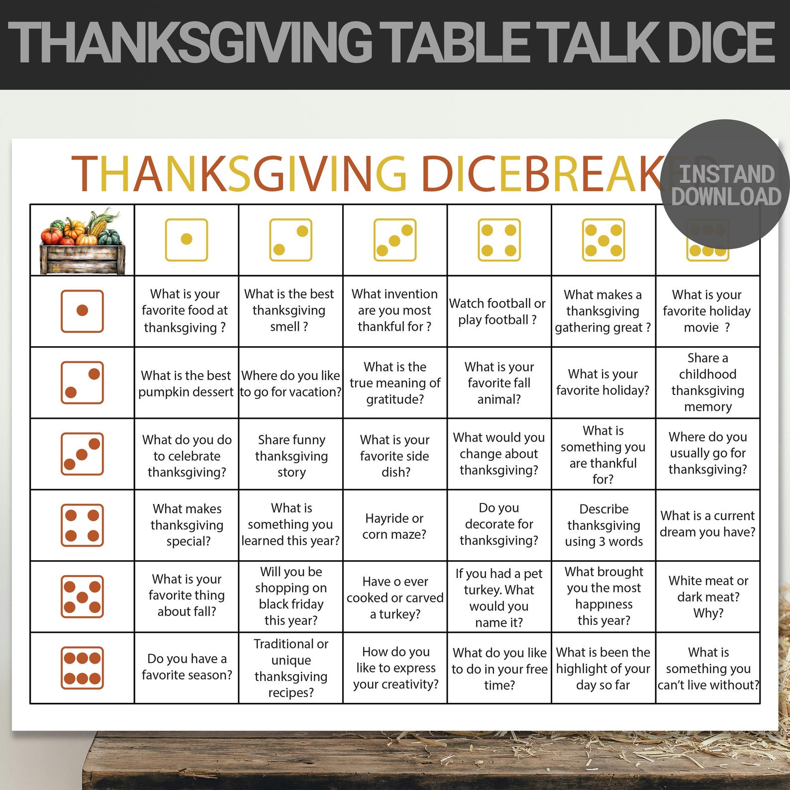 Thanksgiving Table Talk Dice Game | Thanksgiving Table Game ...