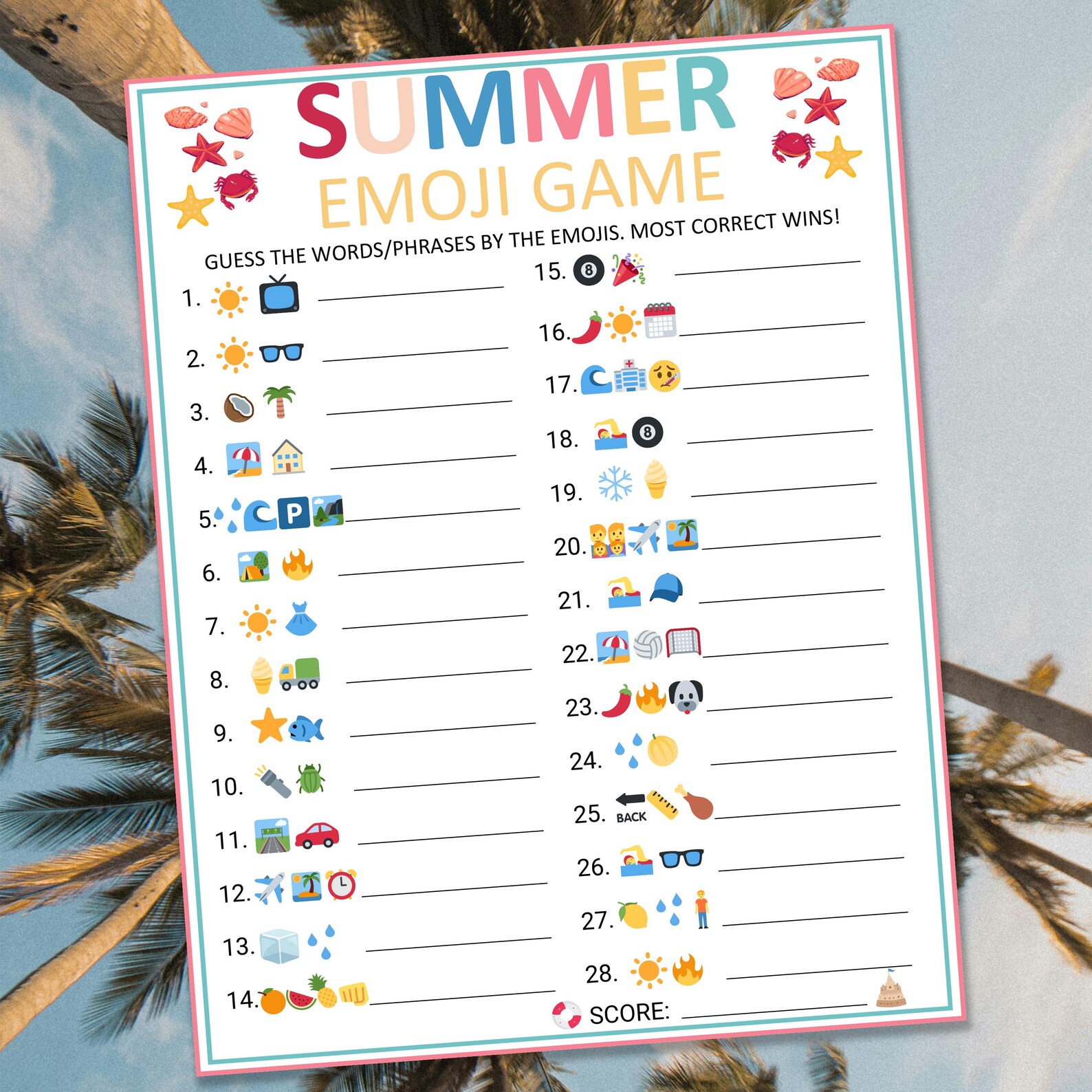 Summer Emoji Game | Summer Emoji Pictionary Game | Printable Summer ...