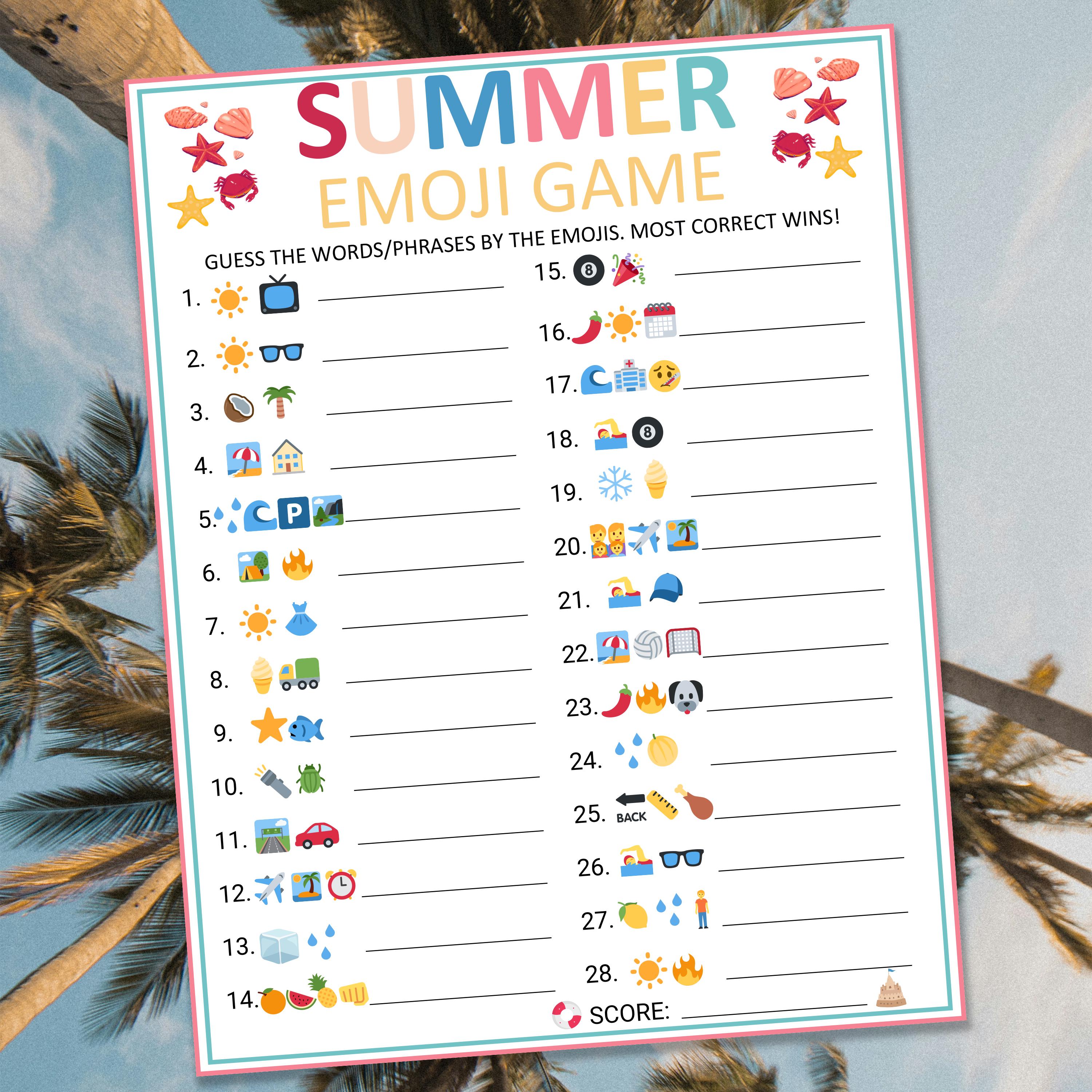 Summer Emoji Game | Summer Emoji Pictionary Game | Printable Summer ...