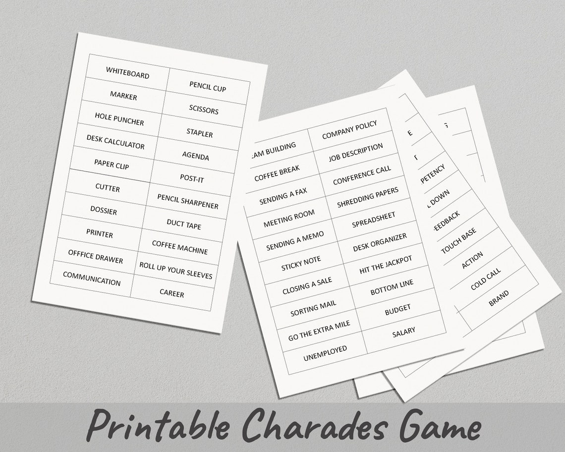 Printable Charades Game Office Action Charades Cards Work Group Game ...