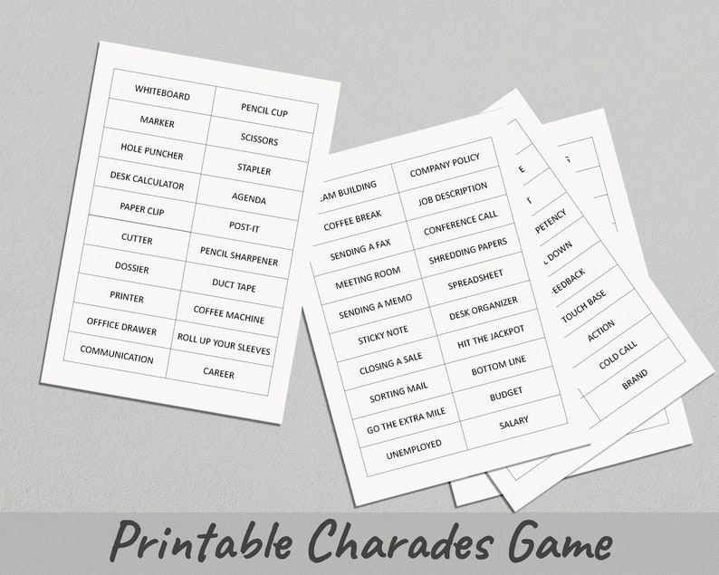 Printable Charades Game | Office Action Charades Cards | Work Group ...