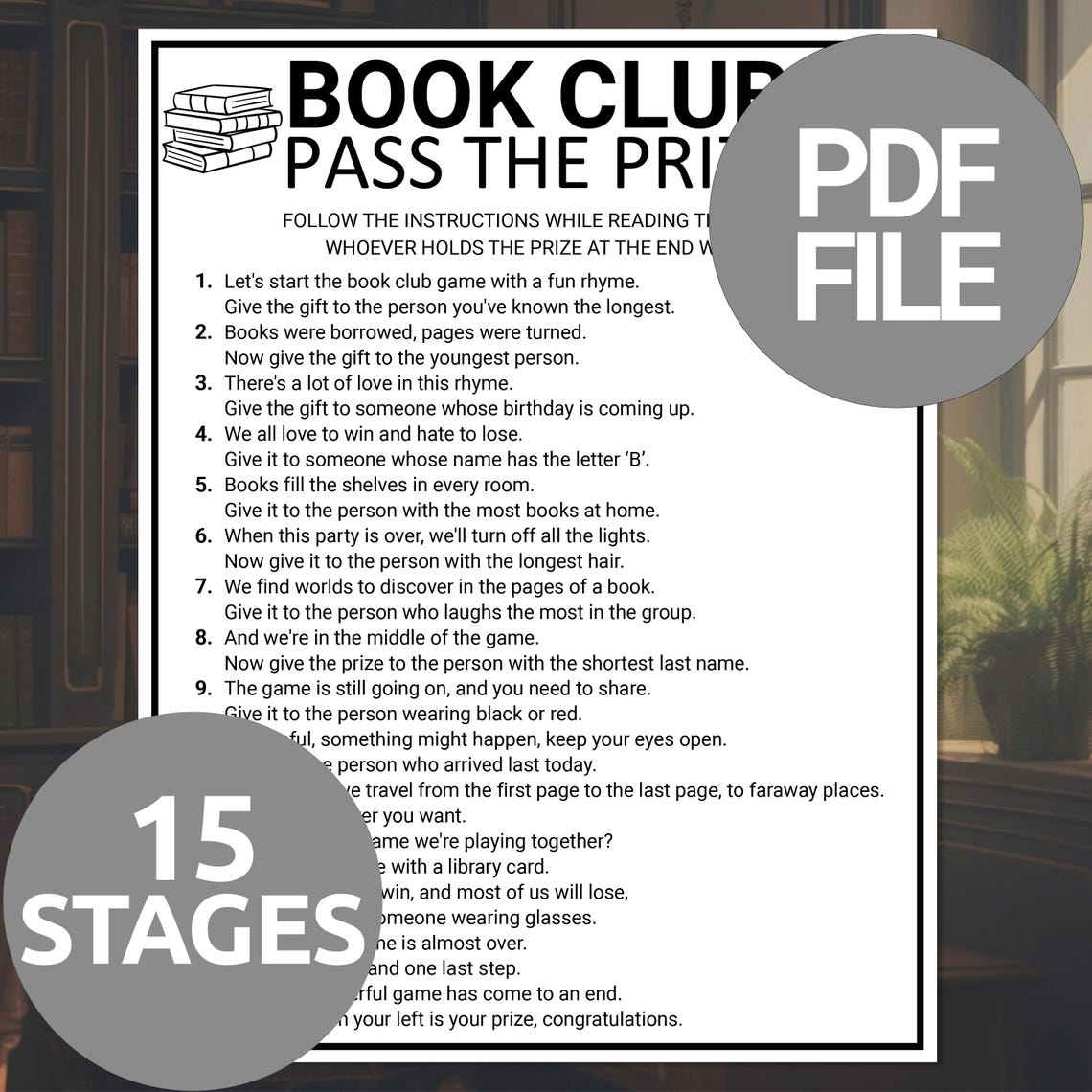Book Club Pass the Prize Game | Book Club Pass the Gift Game ...