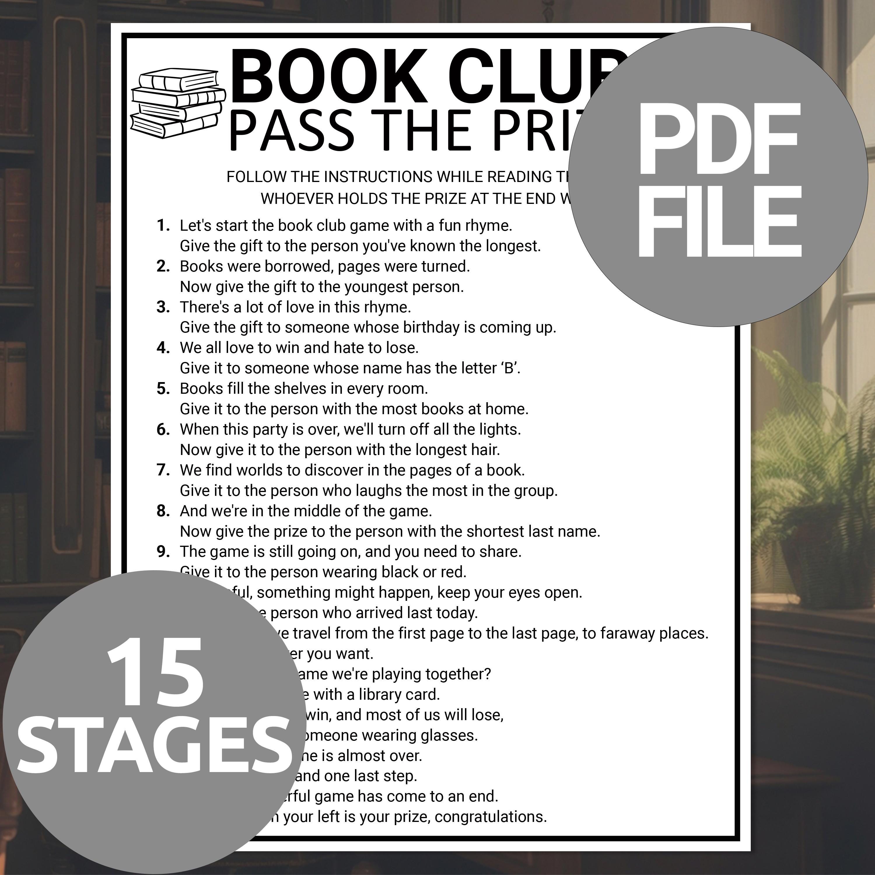 Book Club Pass the Prize Game | Book Club Pass the Gift Game ...