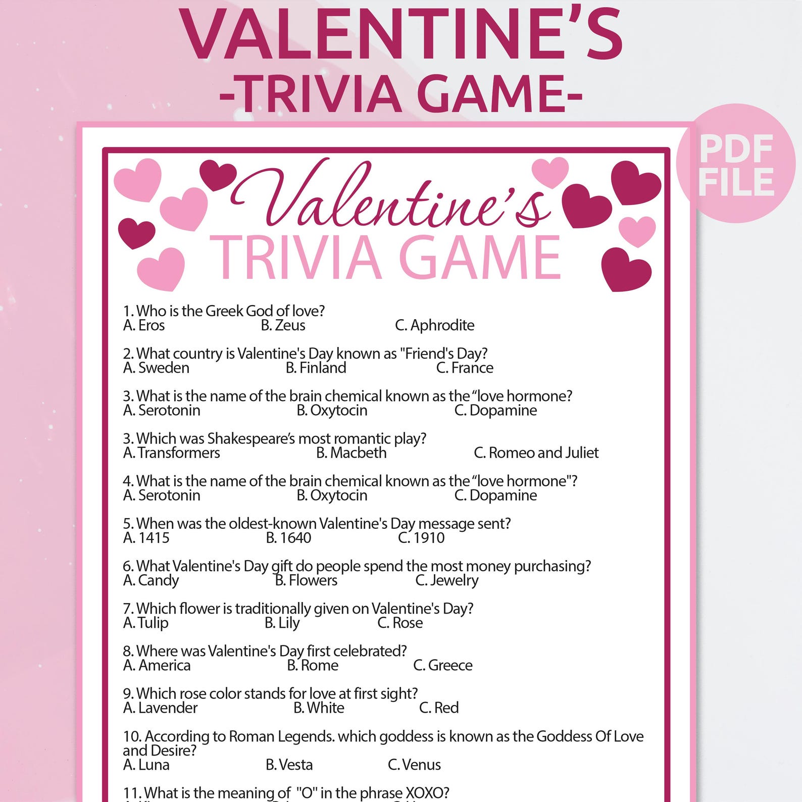 Valentine's Day Trivia Game | Printable Valentine's Day Games ...