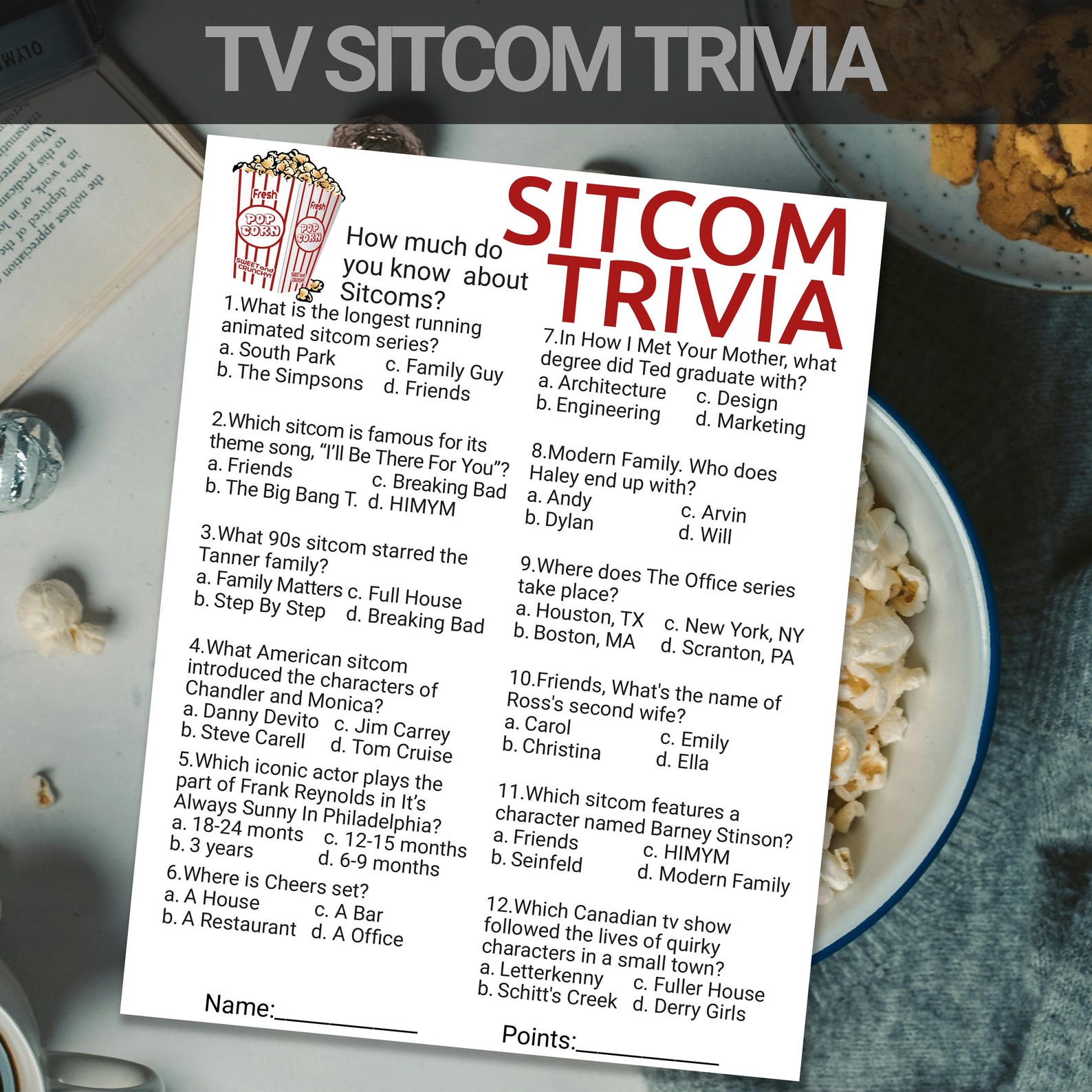 TV Sitcom Trivia Game | Printable Sitcom Trivia | Television Trivia ...