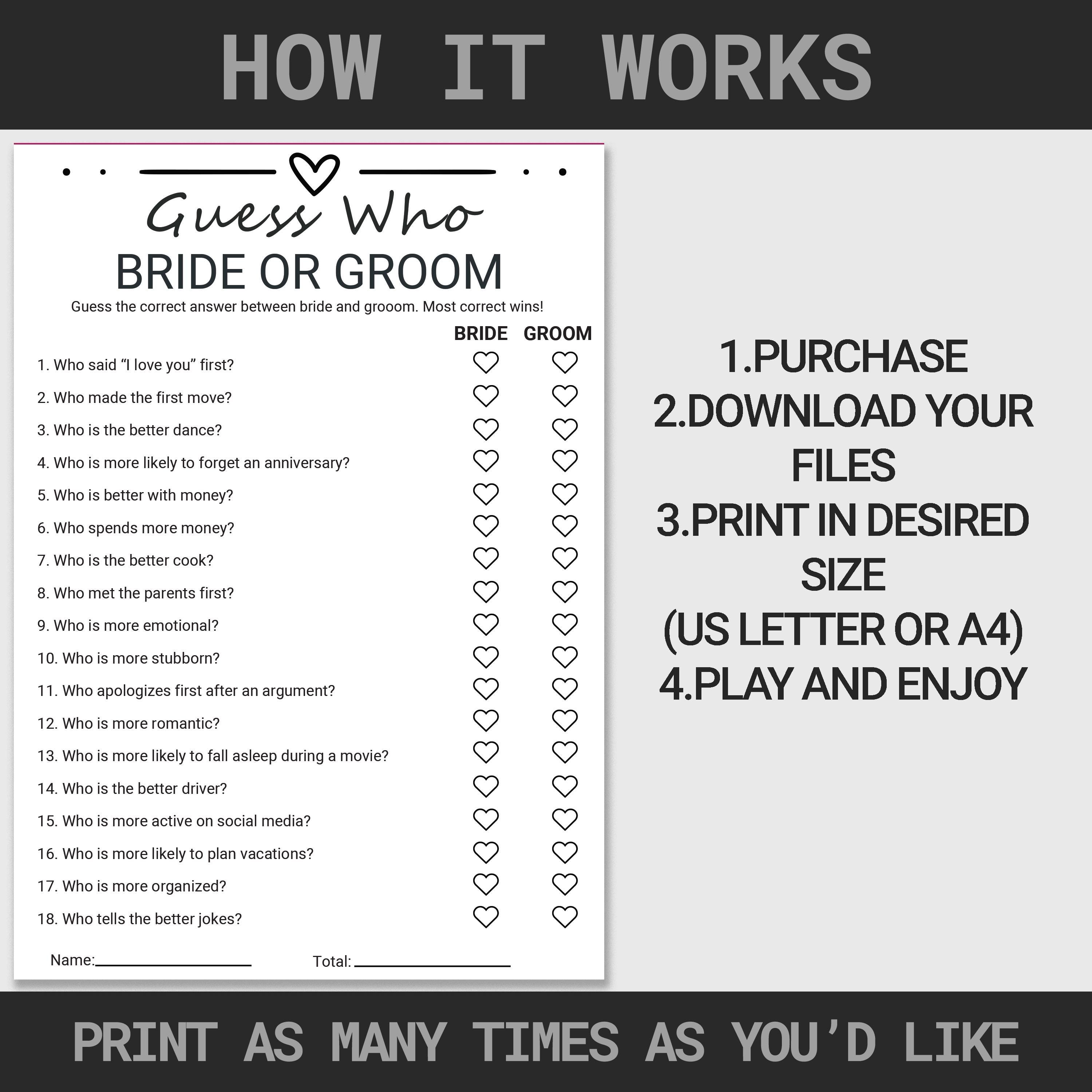 Guess Who Bride or Groom Game | Printable Bridal Shower Game | Wedding ...