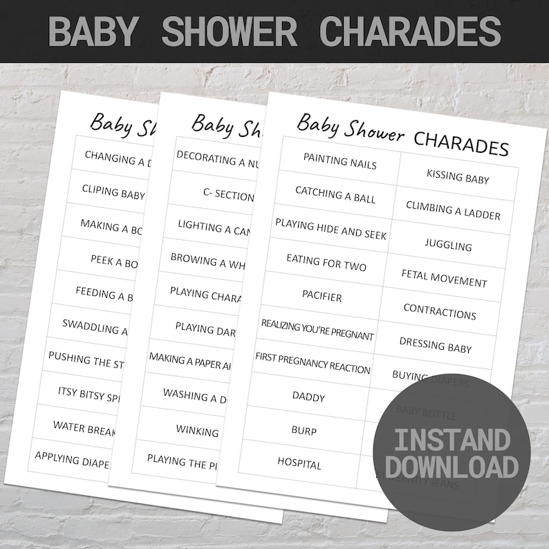 Printable Charades Game for Baby Shower | Baby Shower Group Games ...