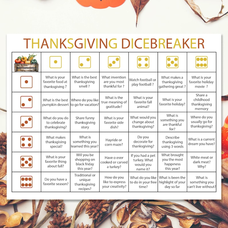 Thanksgiving Table Talk Dice Game | Thanksgiving Table Game ...