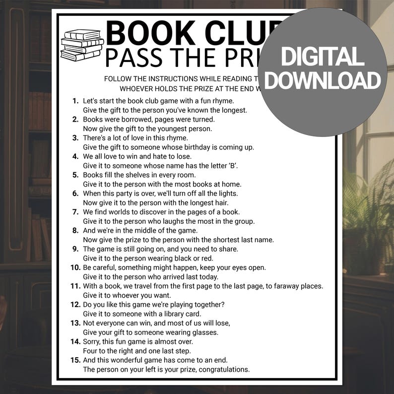 Book Club Pass the Prize Game | Book Club Pass the Gift Game ...