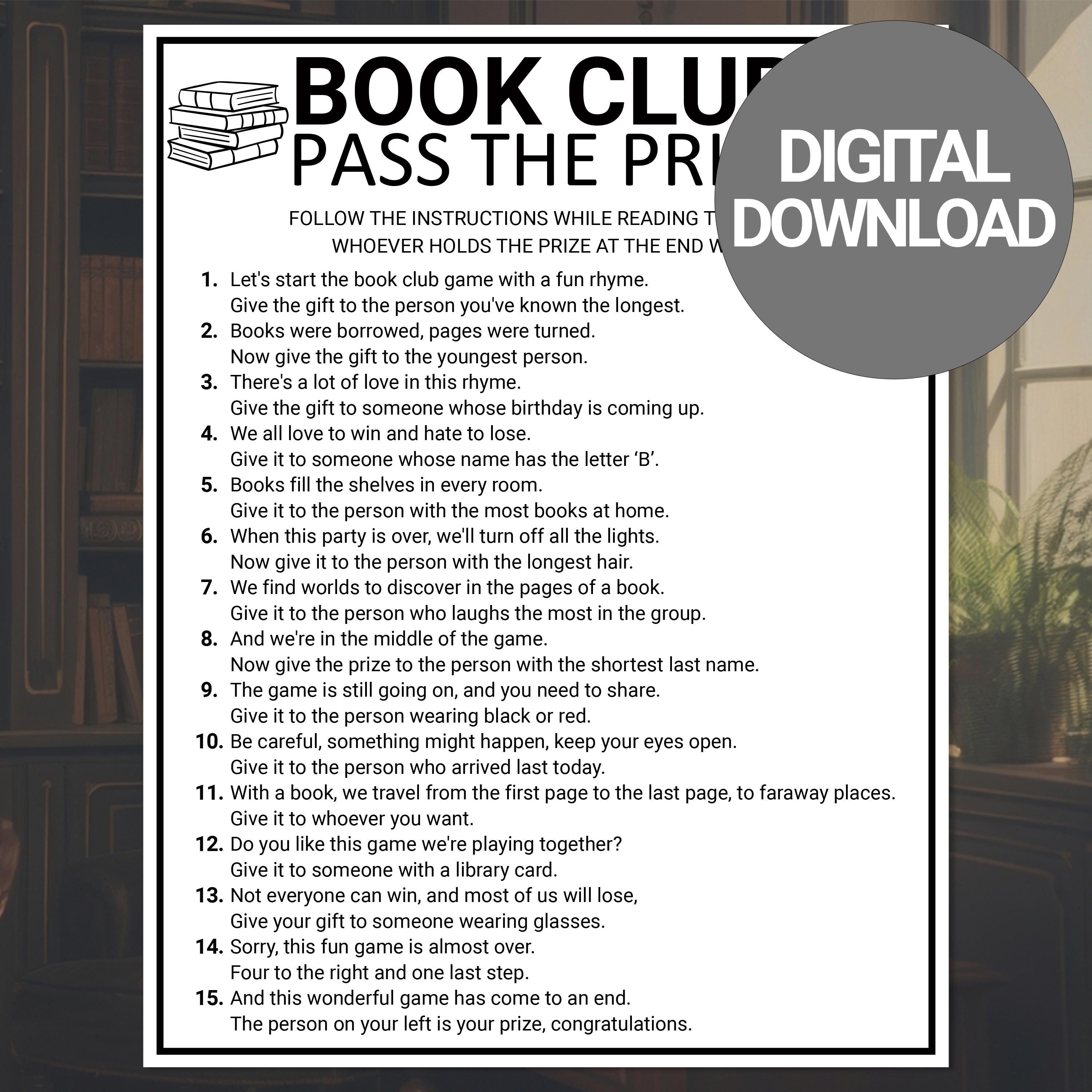 Book Club Pass the Prize Game | Book Club Pass the Gift Game ...