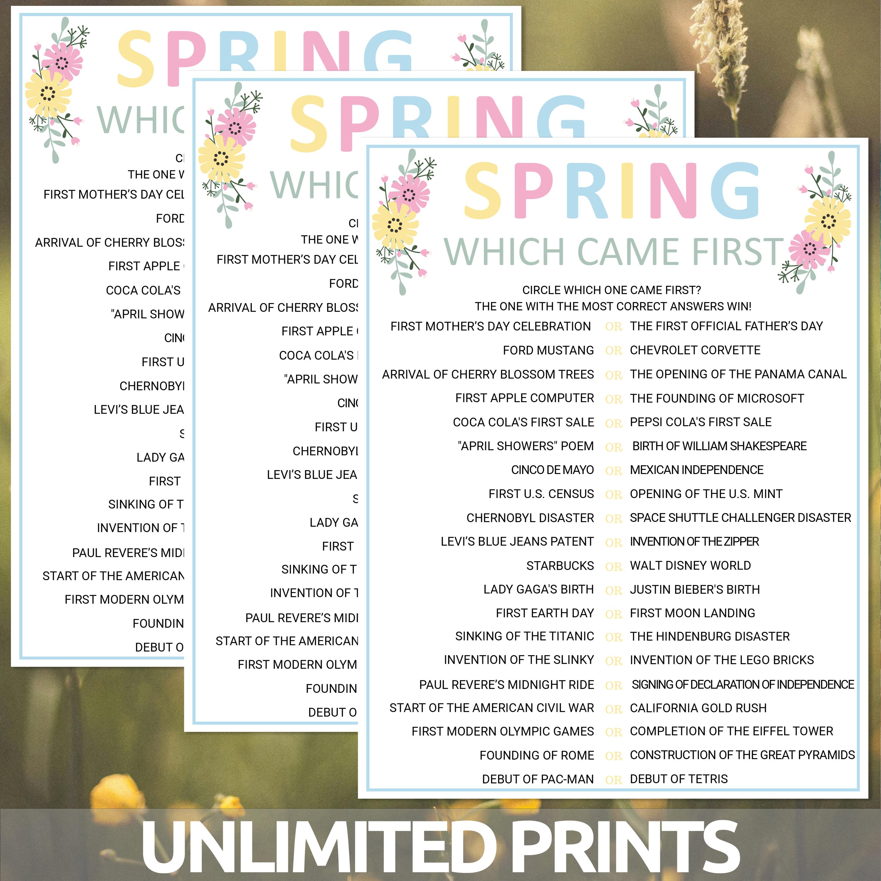 Spring Which Came First Game | Printable Spring Trivia Game | Family ...