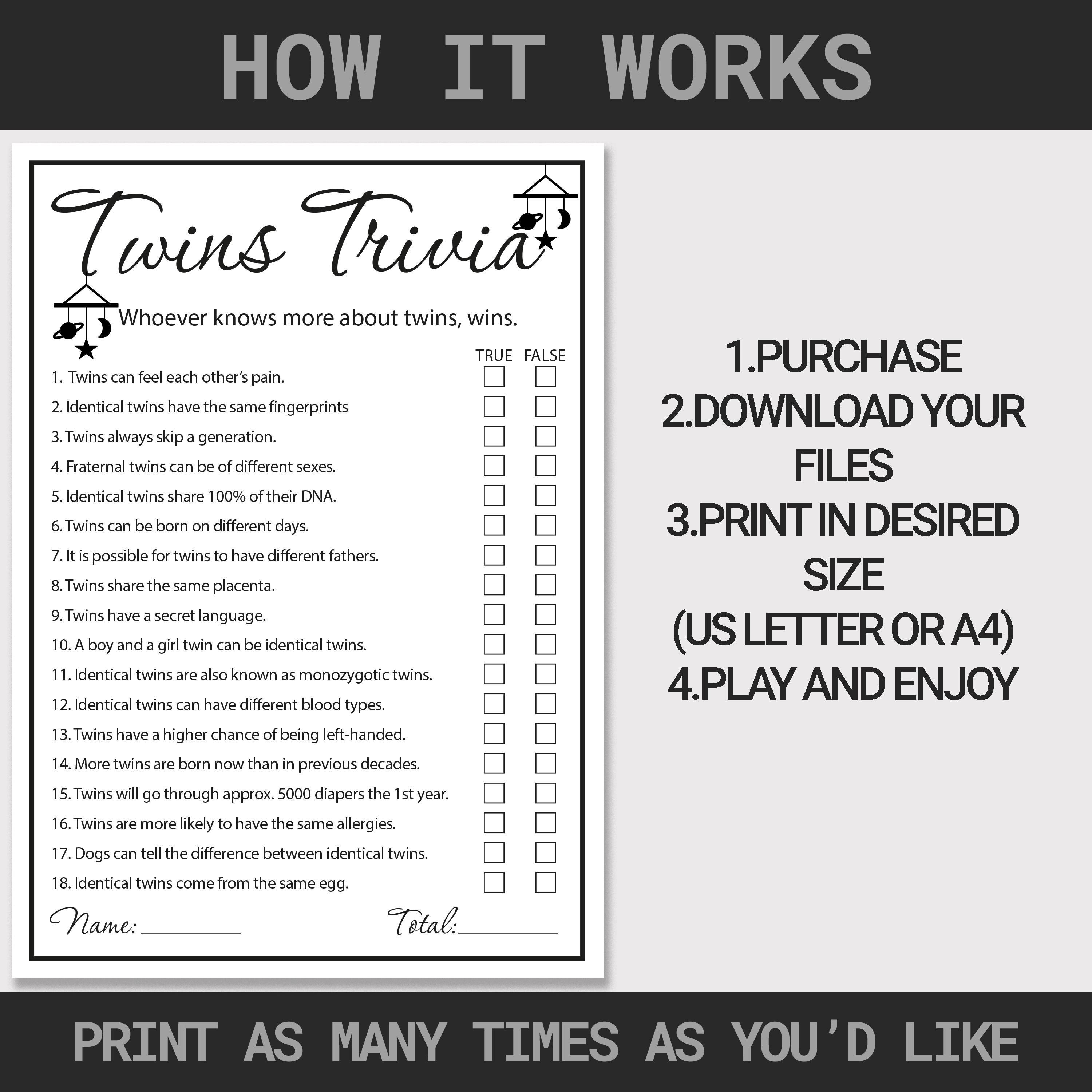 Twins Trivia Game | Twins Trivia for Baby Showers | Printable Twin Baby ...