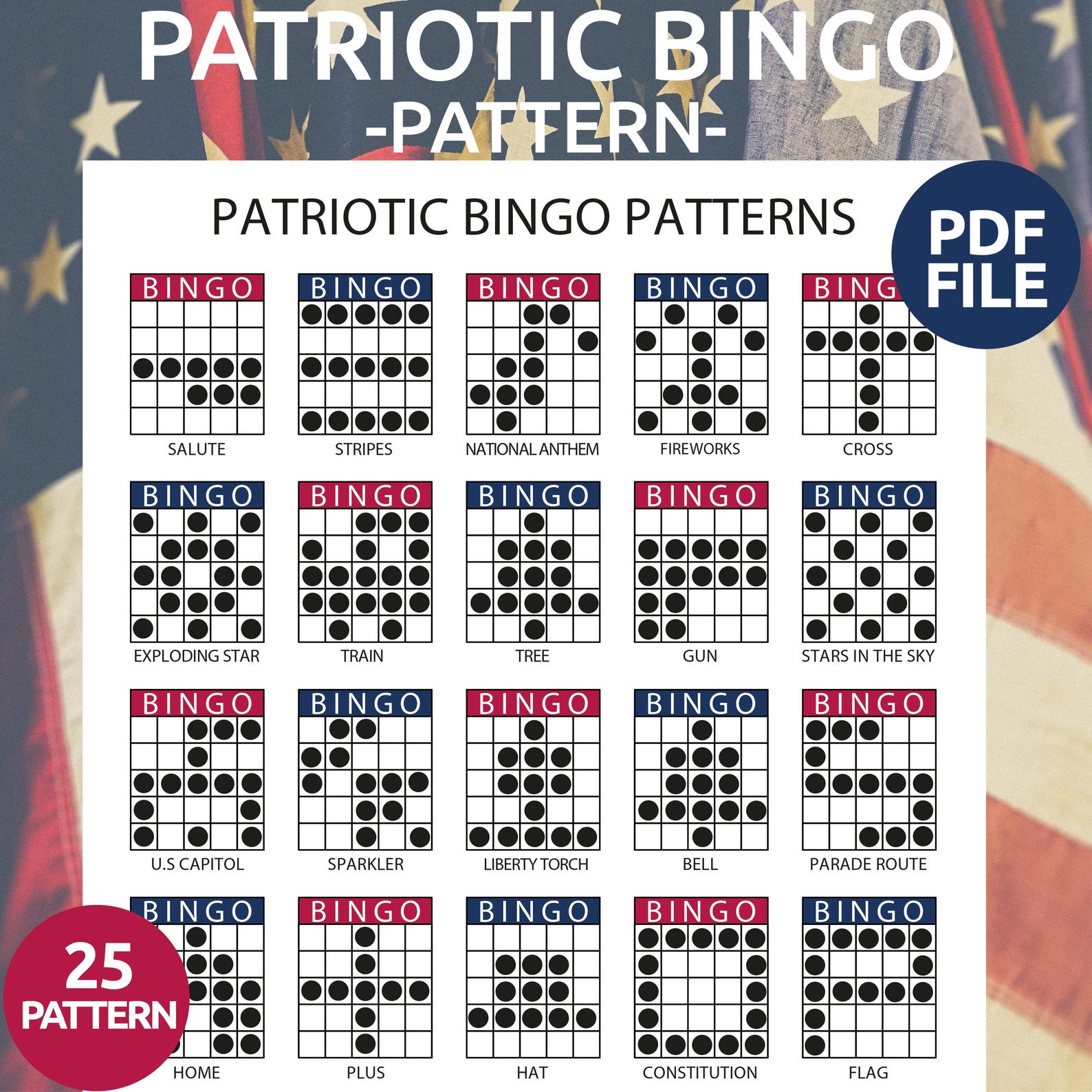 Patriotic Bingo Pattern | 4th of July Bingo Card | 4th of July Party ...