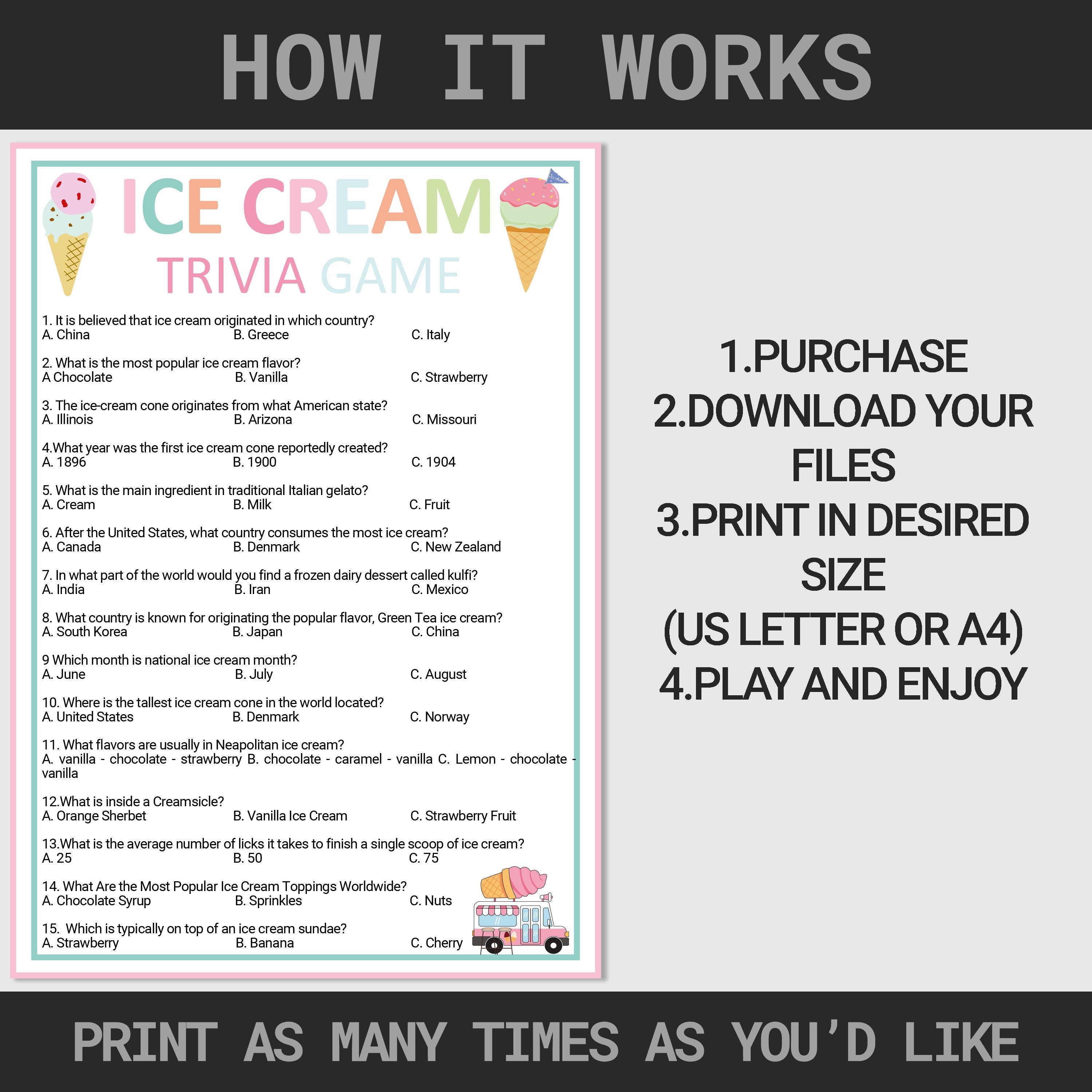Ice Cream Trivia Game | Ice Cream Party Game | Printable Ice Cream Quiz ...
