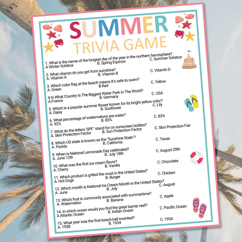 Summer Trivia Game | Summer Party Game | Printable Summer Game | Summer ...