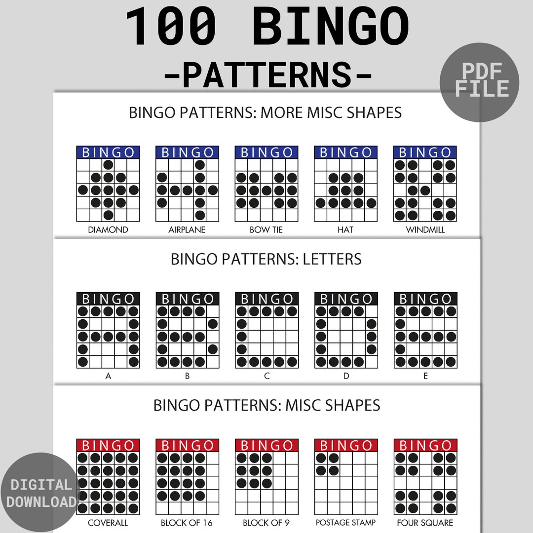 100 Bingo Patterns Printable Fun Bingo Party Game Bingo Winning Patterns Bingo Alphabet, Numbers ...