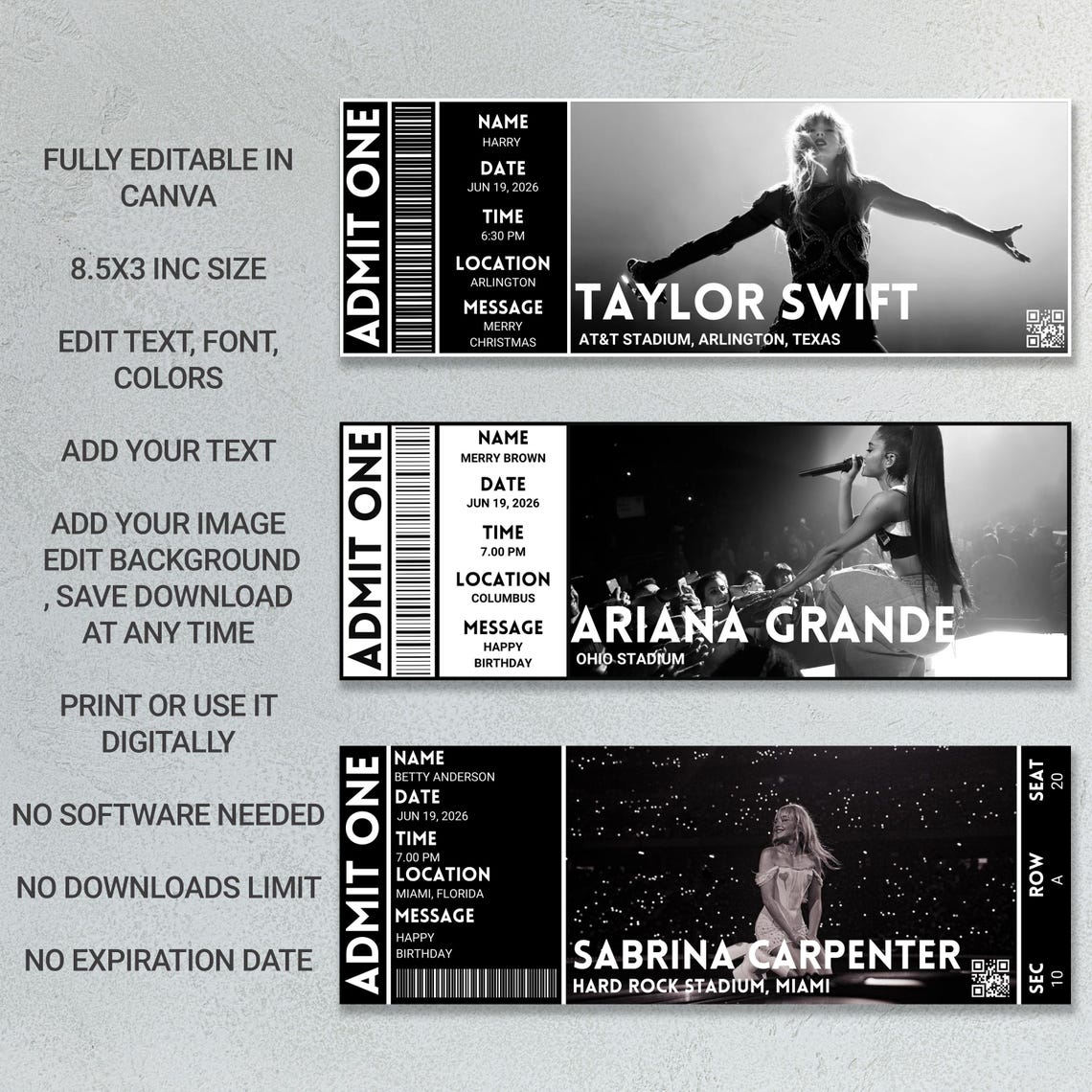 Editable Concert Ticket Template | Custom Concert Ticket | Personalized ...