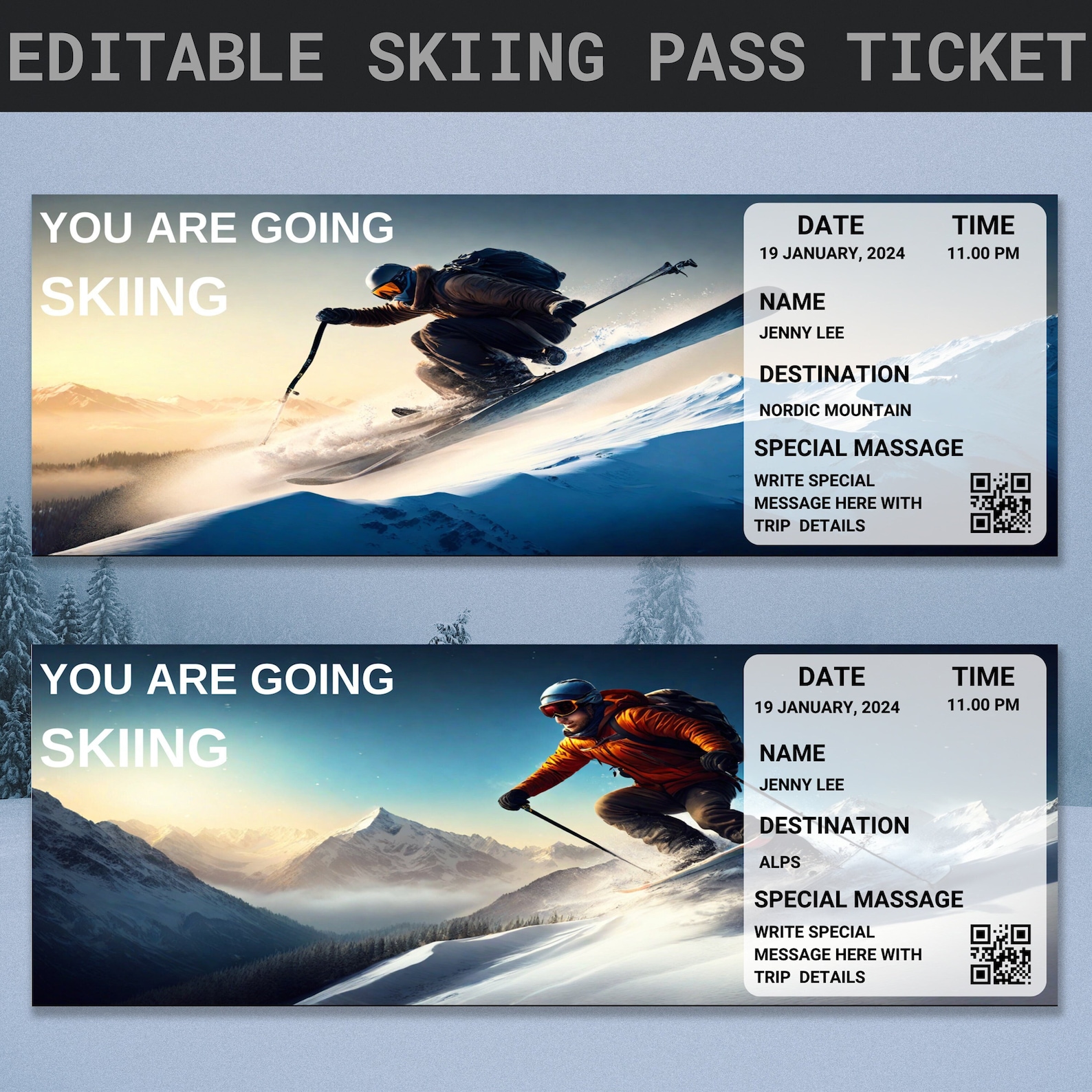 Editable Skiing Pass Ticket Template | Skiing Pass Ticket | Printable ...