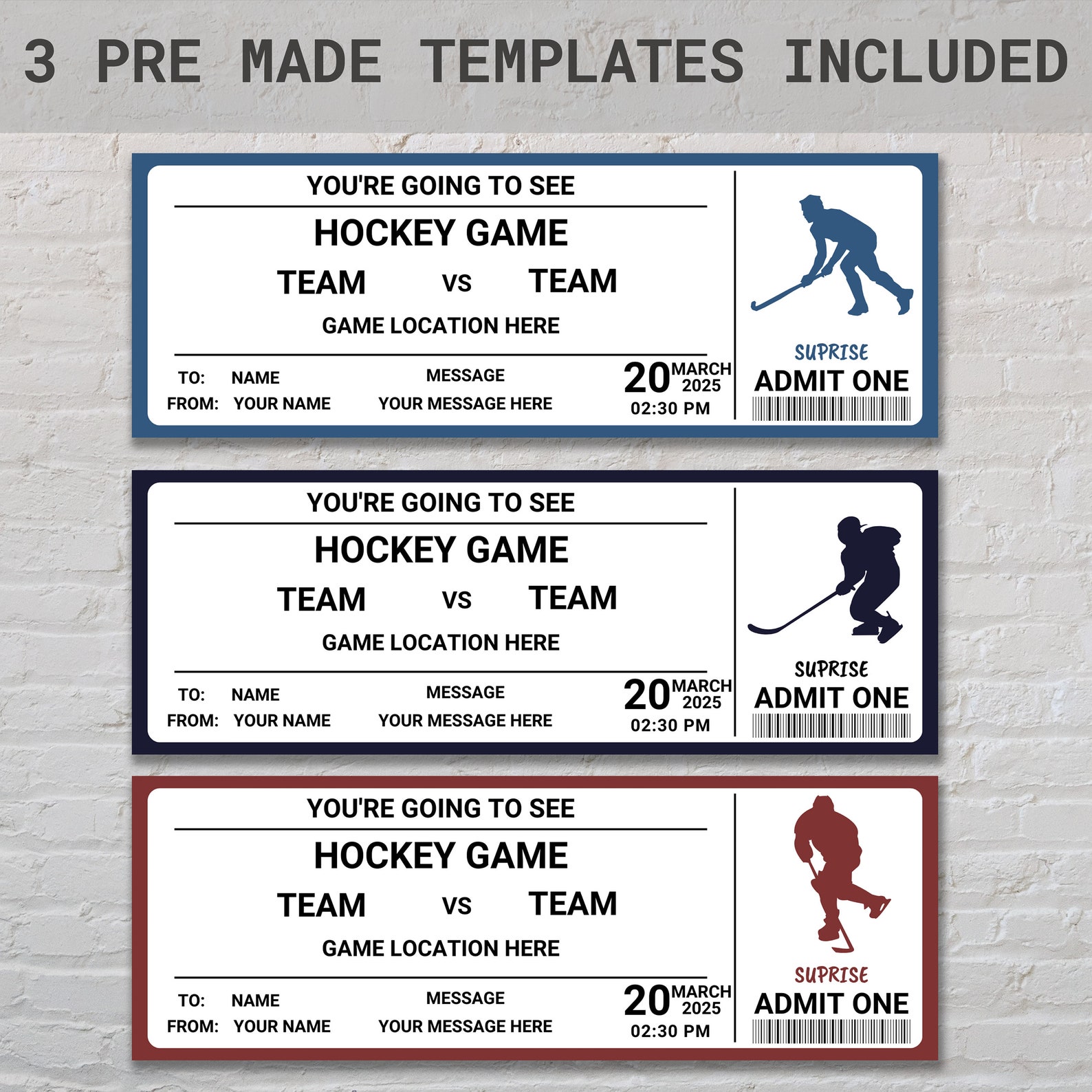 Custom Hockey Ticket | Hockey Ticket Template Printable | Editable ...
