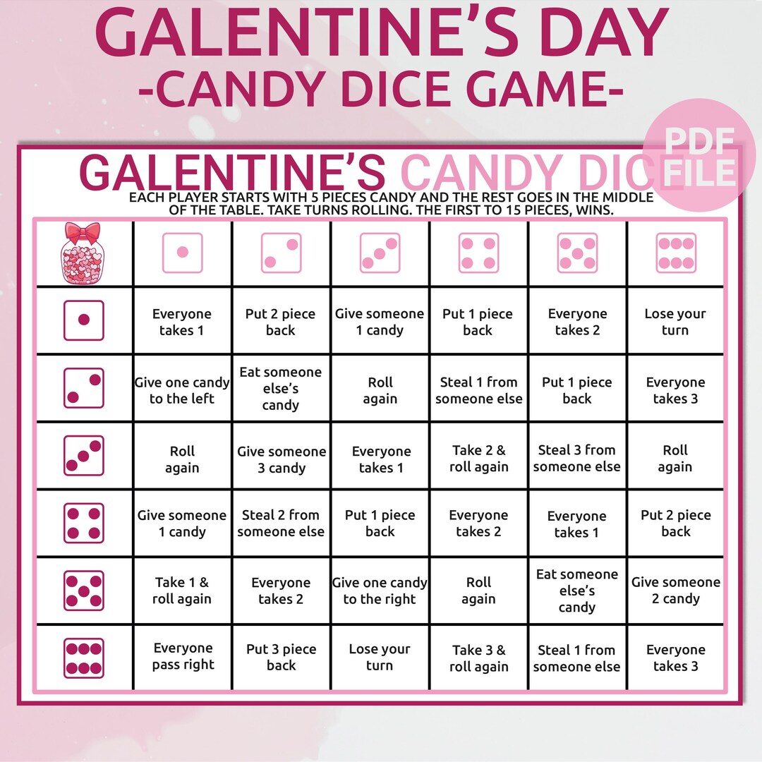 Printable Galentines Dice Game | Galentine's Day Candy Dice Game ...