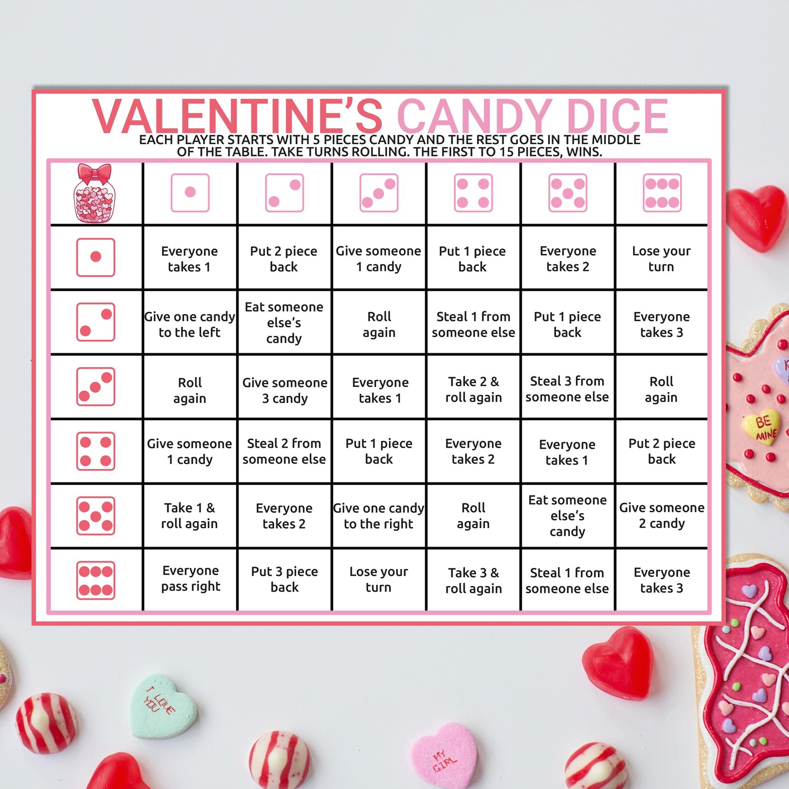 Printable Valentines Dice Game | Valentine's Day Candy Dice Game ...