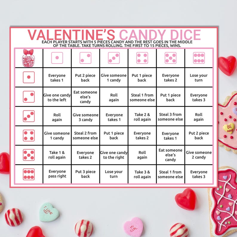 Printable Valentines Dice Game | Valentine's Day Candy Dice Game ...
