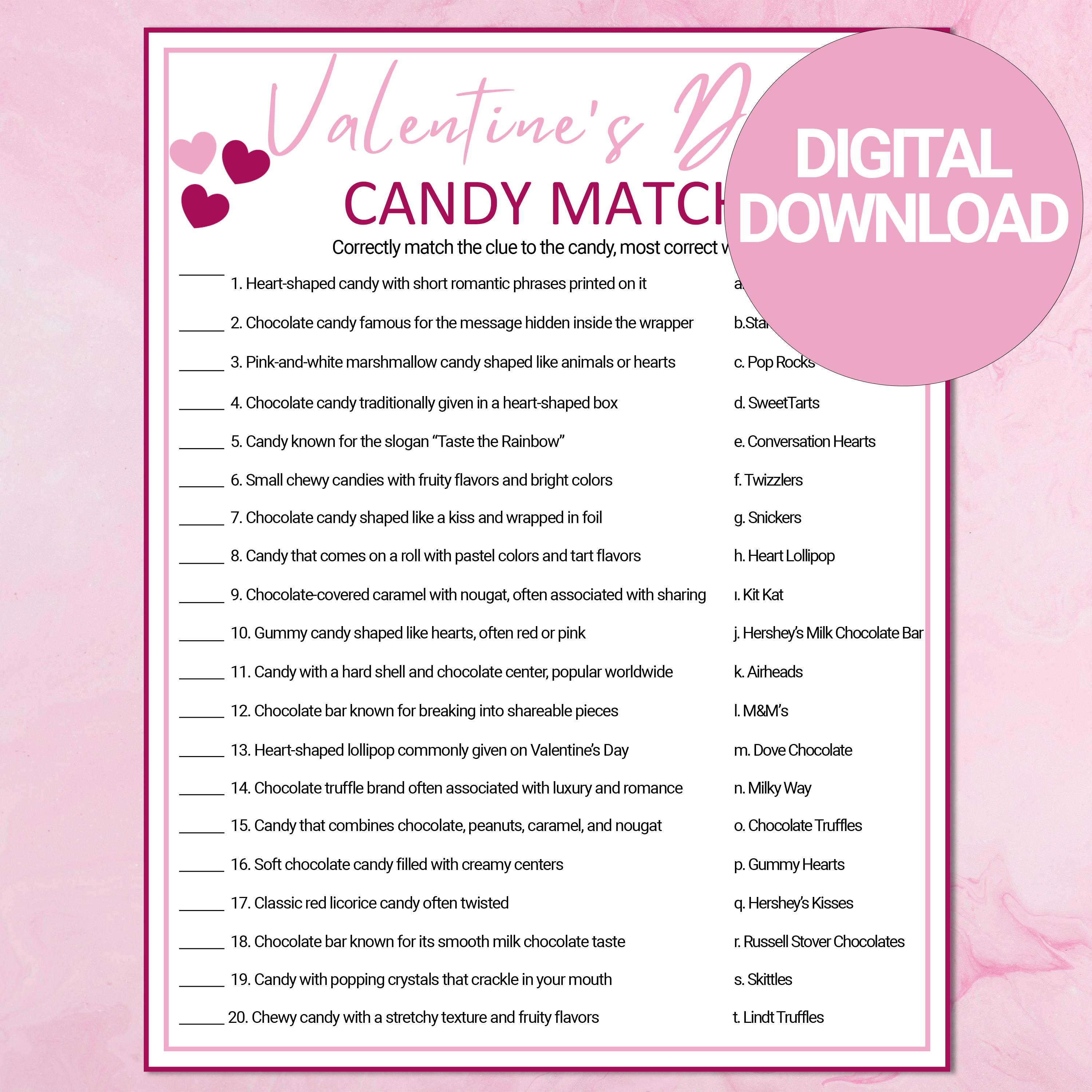 Valentines Candy Match Game | Valentine Day Printable Game | Valentine ...