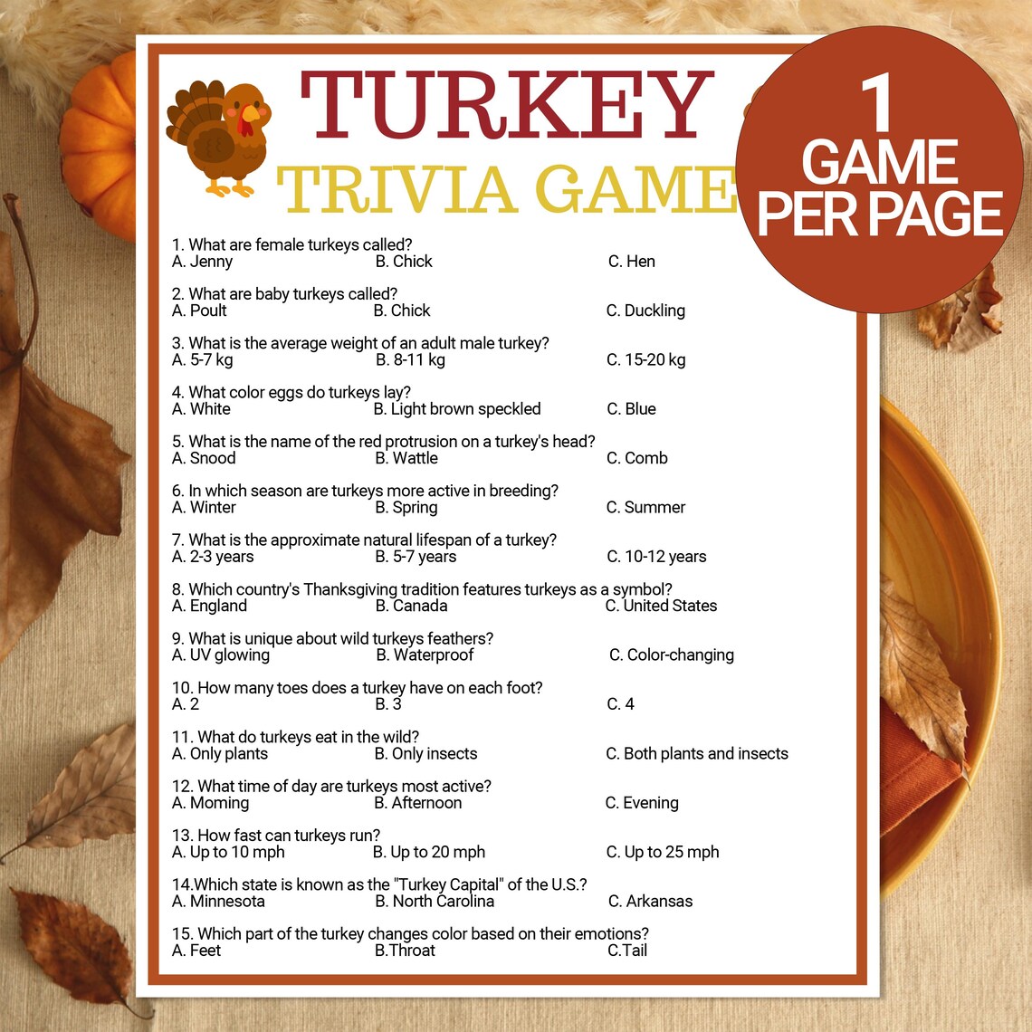 Turkey Trivia Game | Thanksgiving Party Game | Thanksgiving Trivia Quiz ...