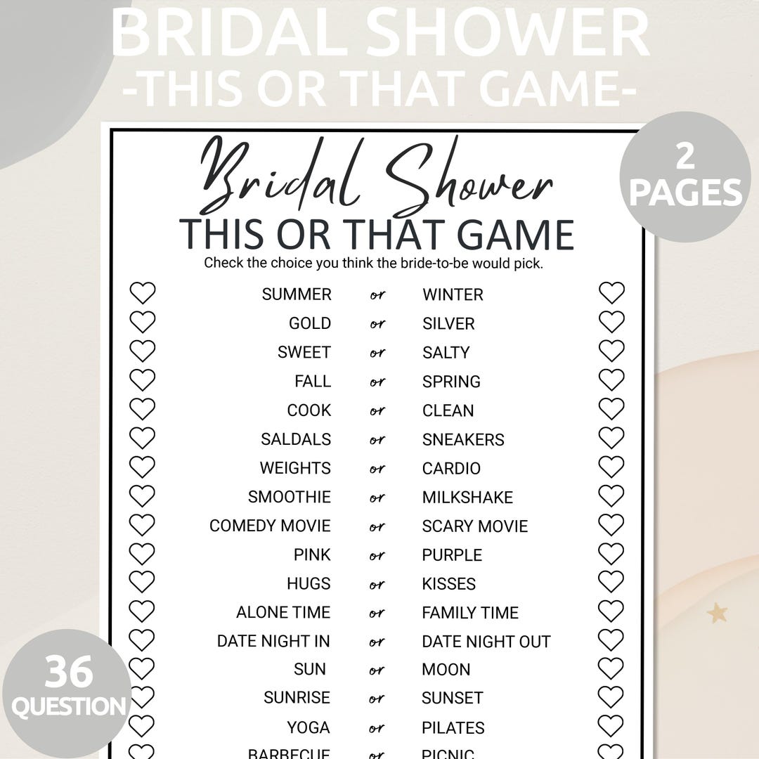 This or That Bridal Shower Game | Bridal Shower Games | Would She ...