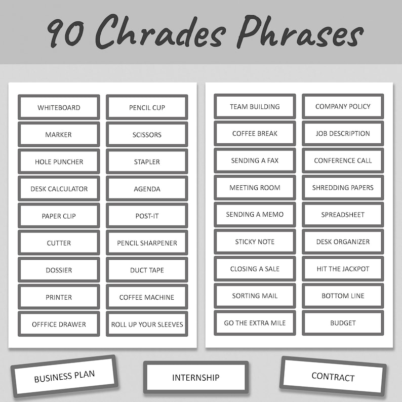 Printable Charades Game | Office Action Charades Cards | Work Group ...