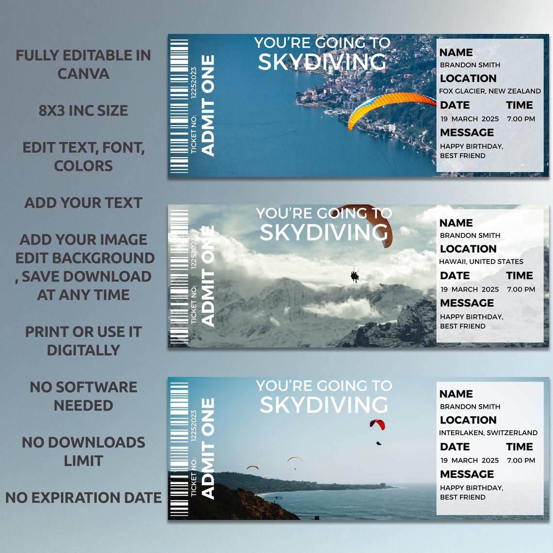 Skydiving Surprise Ticket | Editable Skydiving Surprise Reveal Ticket ...