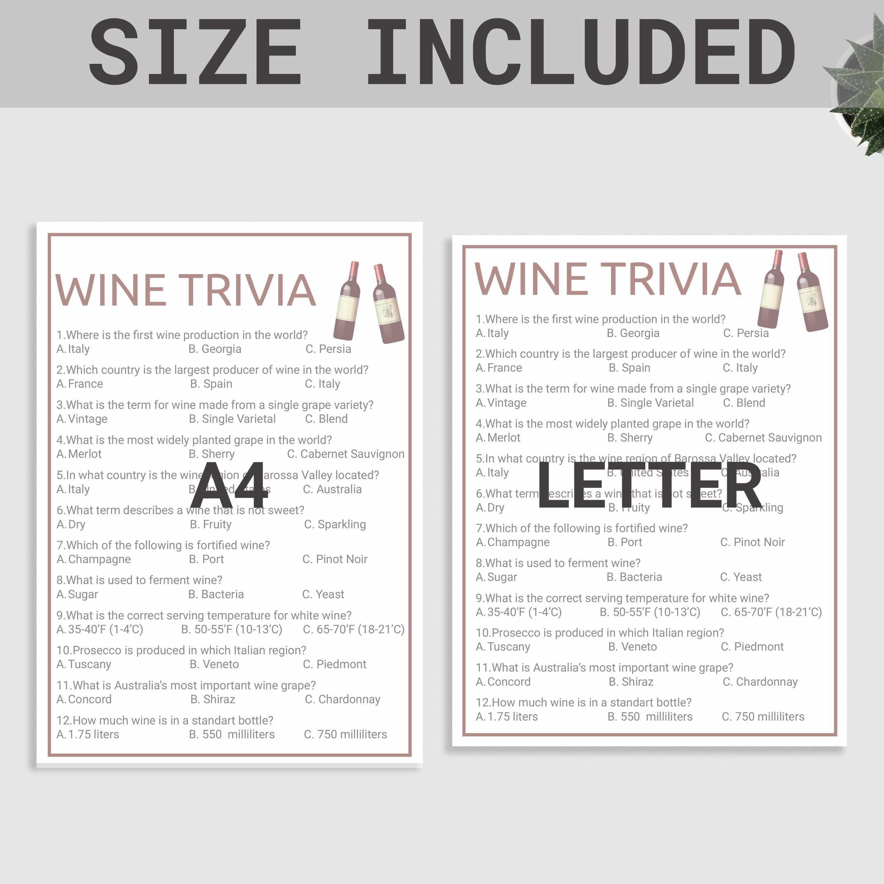 Wine Trivia Game | Printable Wine Trivia Quiz | Wine Party Trivia Game ...