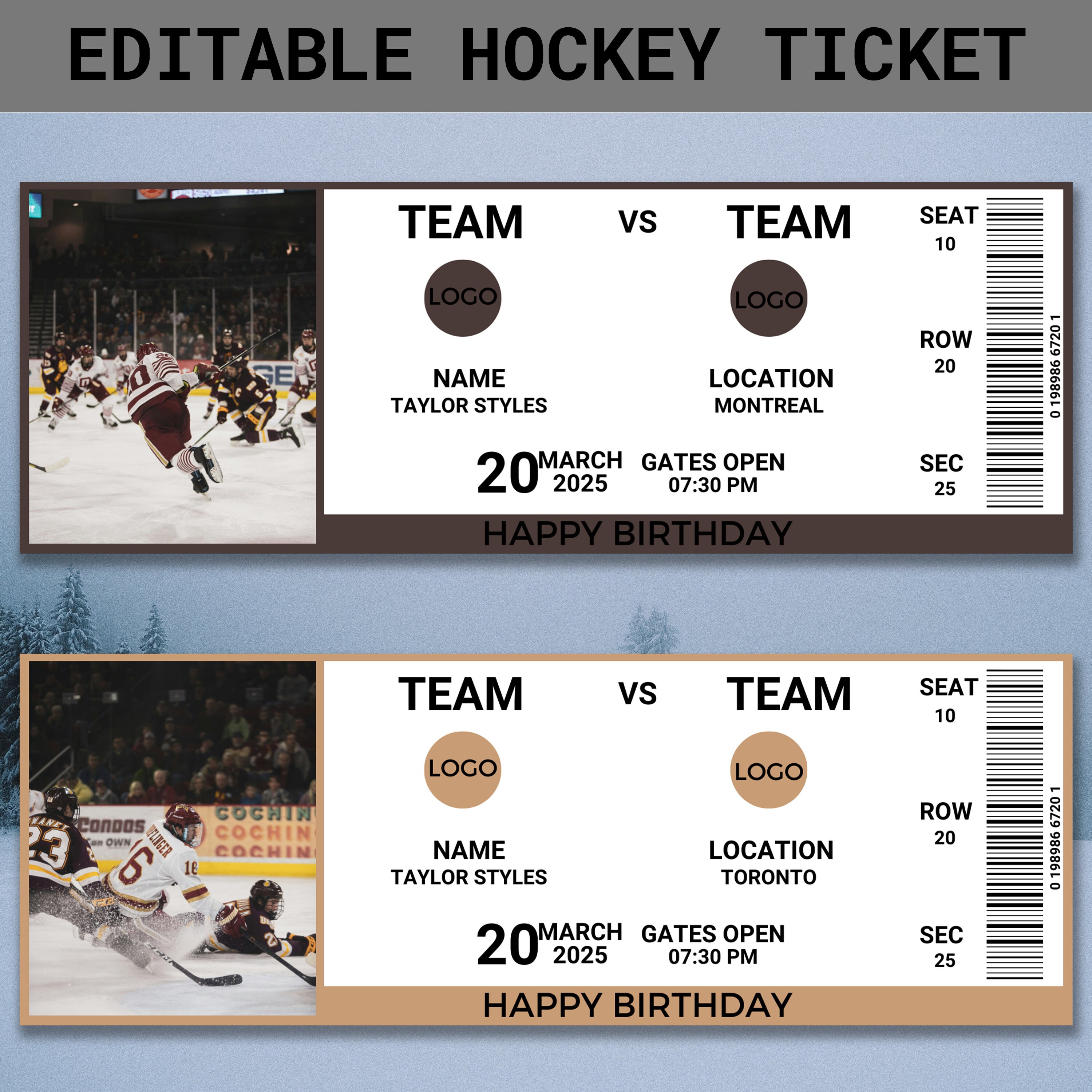 Custom Hockey Ticket | Hockey Ticket Template Printable | Editable ...