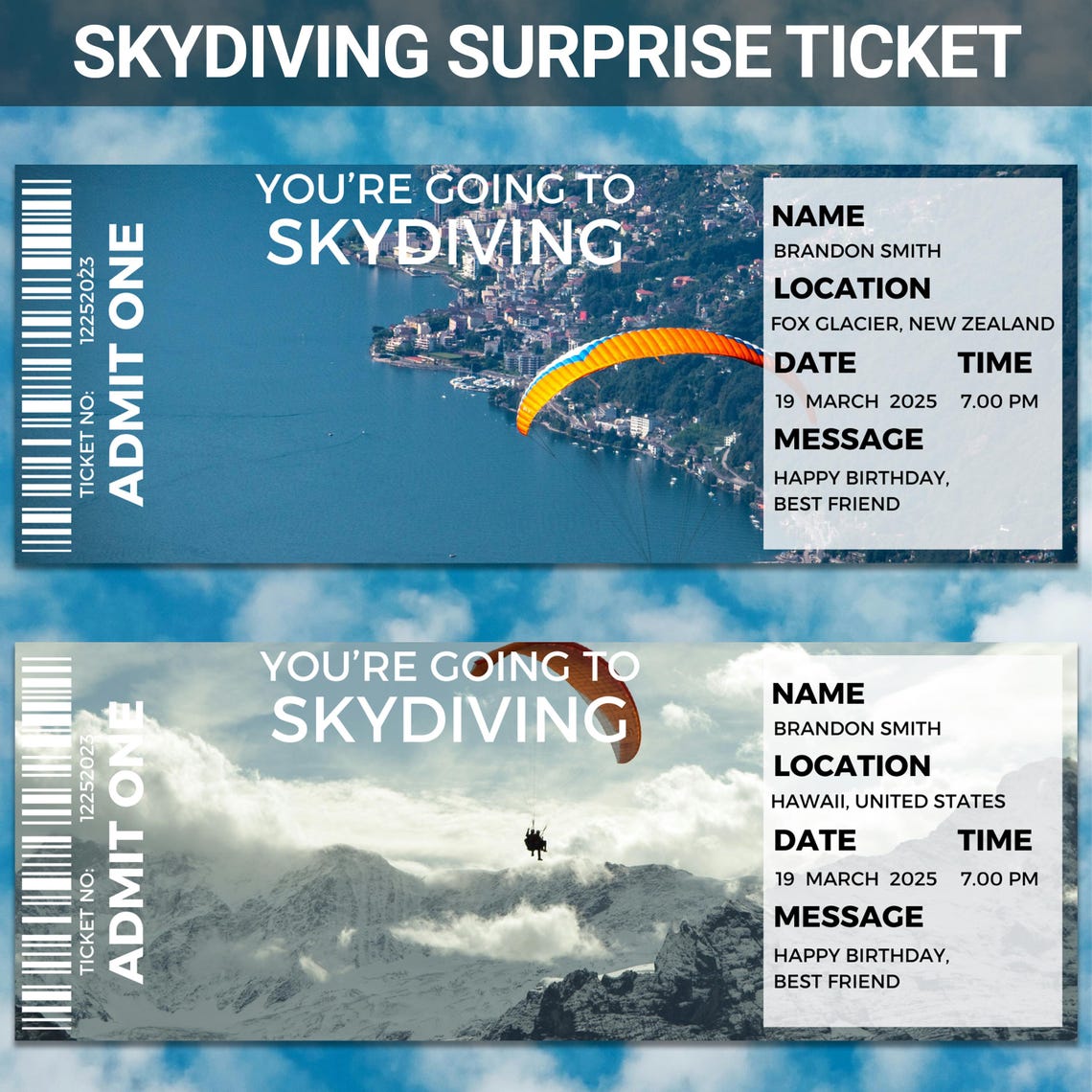 Skydiving Surprise Ticket | Editable Skydiving Surprise Reveal Ticket ...