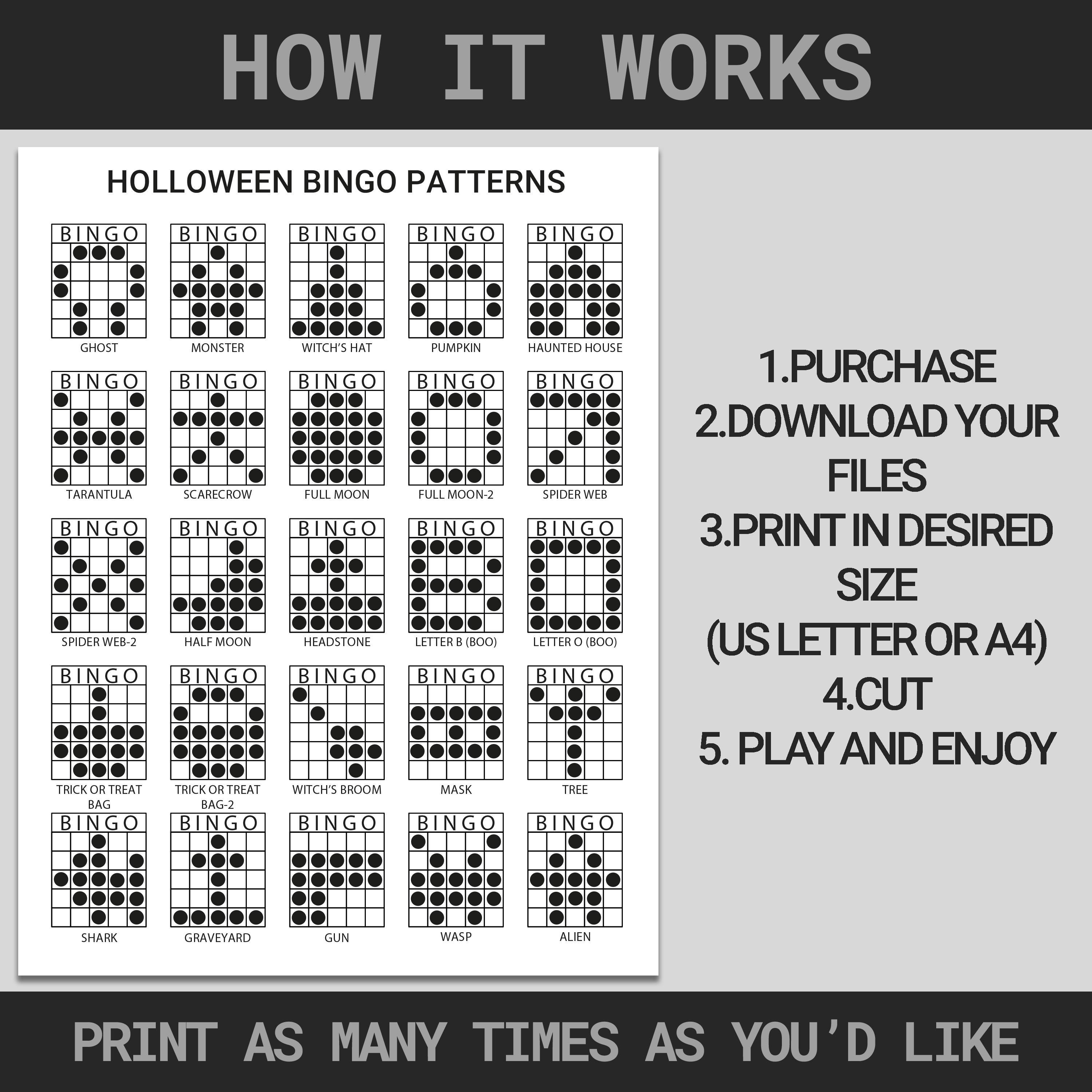 Halloween Bingo Patterns | Printable Holloween Bingo Party Game | 50 ...