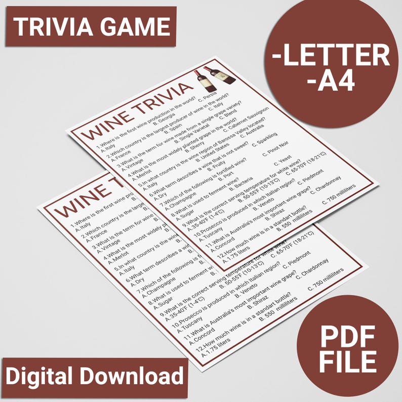 Wine Trivia Game | Printable Wine Trivia Quiz | Wine Party Trivia Game ...