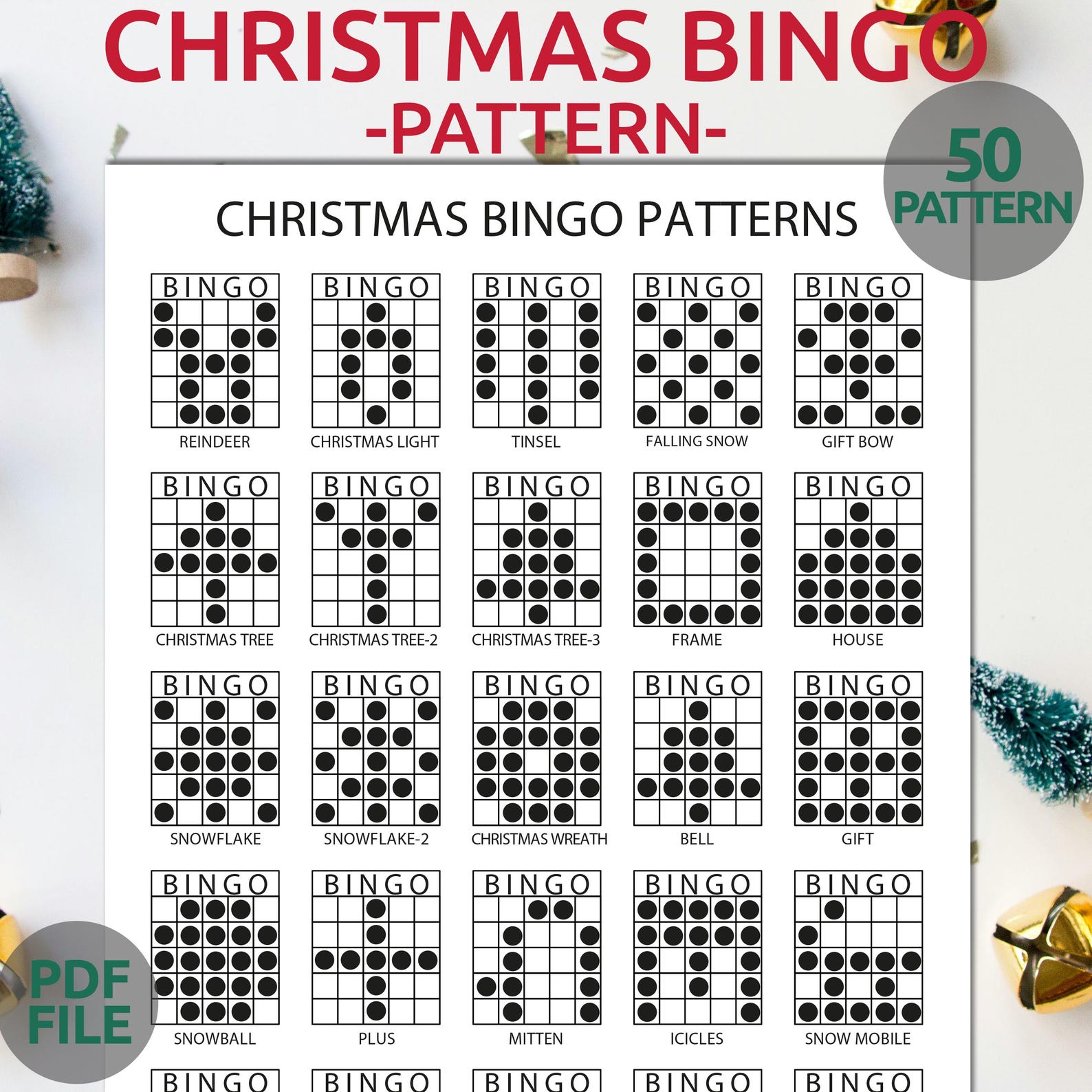 Christmas Bingo Patterns | Printable Christmas Bingo Party Game | 50 ...