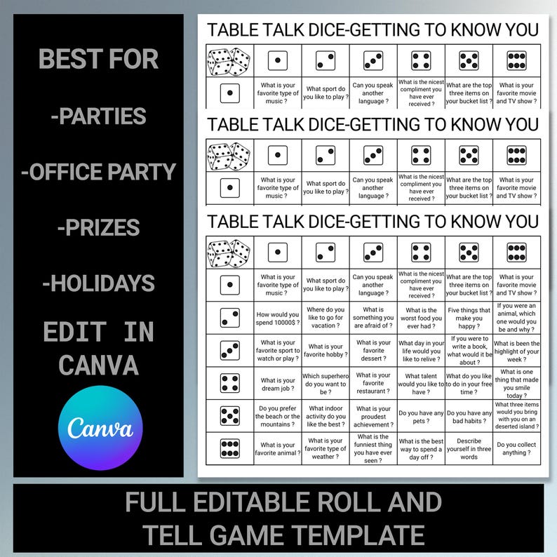 Editable Dicebreaker Roll and Tell Game | Table Talk Dice | Editable ...