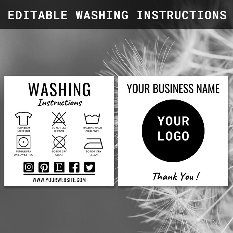 Editable Washing Instructions Card Template Printable Clothing Care ...
