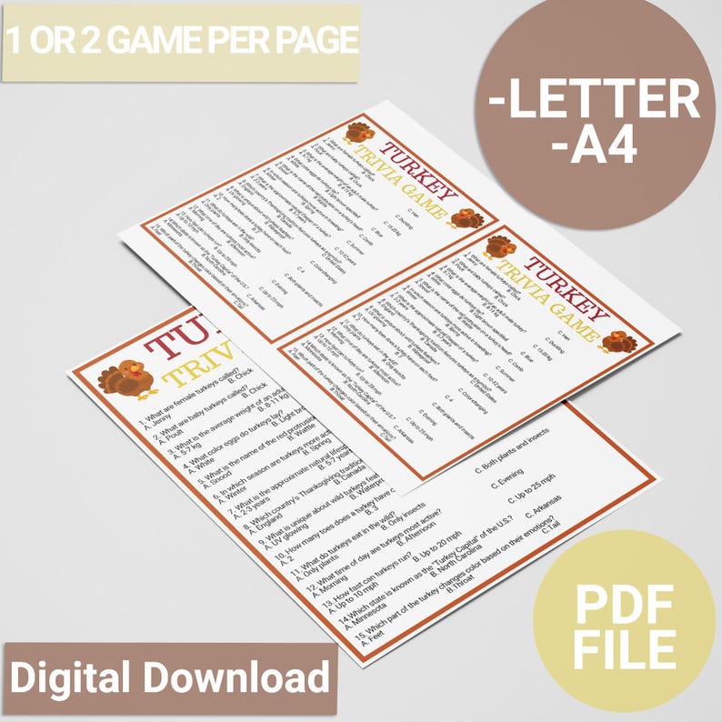 Turkey Trivia Game | Thanksgiving Party Game | Thanksgiving Trivia Quiz ...