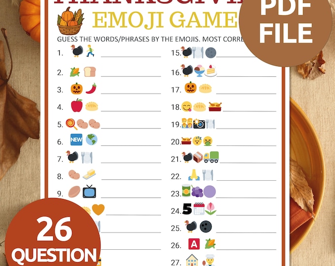 Thanksgiving Emoji Pictionary Game | Printable Thanksgiving Game ...