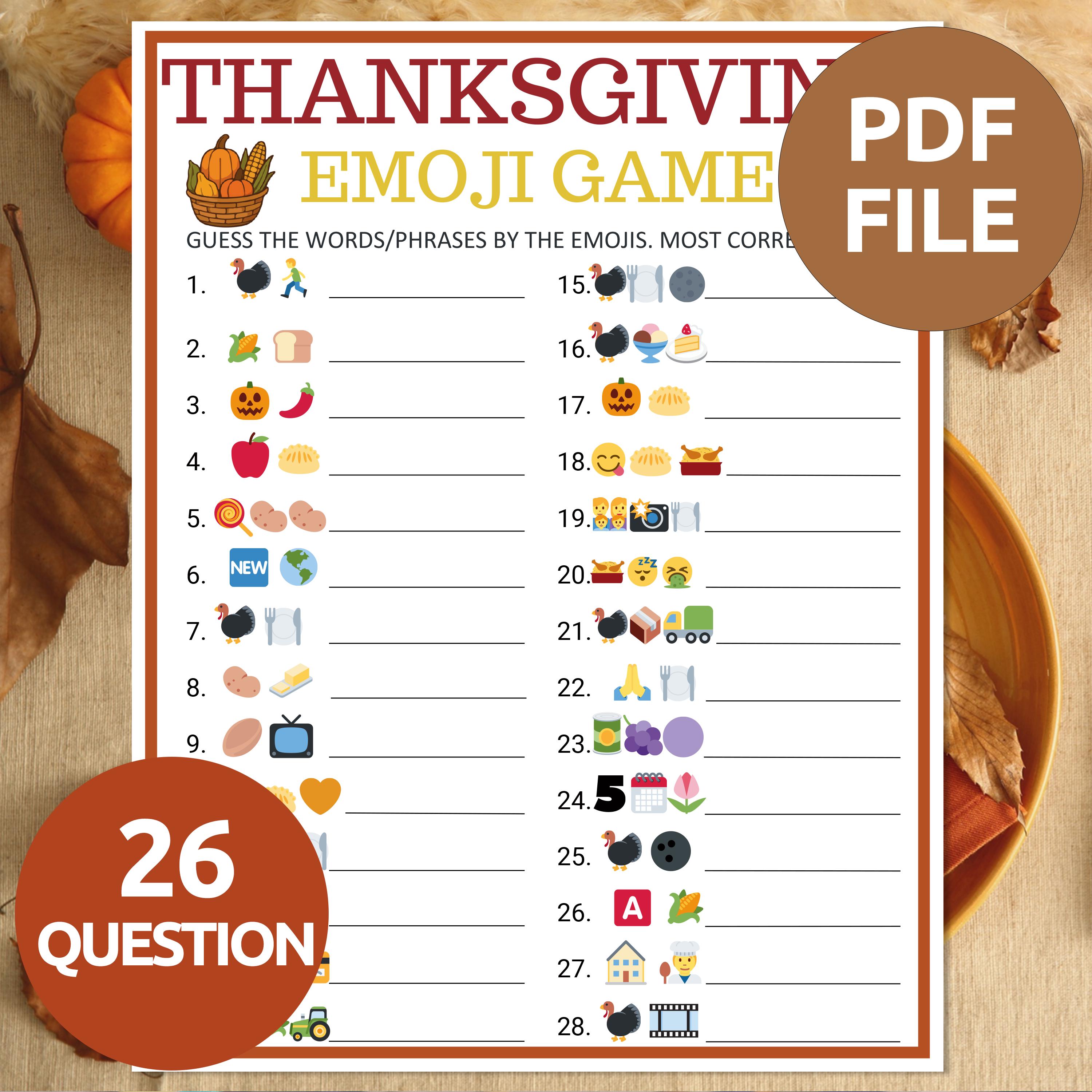Thanksgiving Emoji Pictionary Game | Printable Thanksgiving Game ...